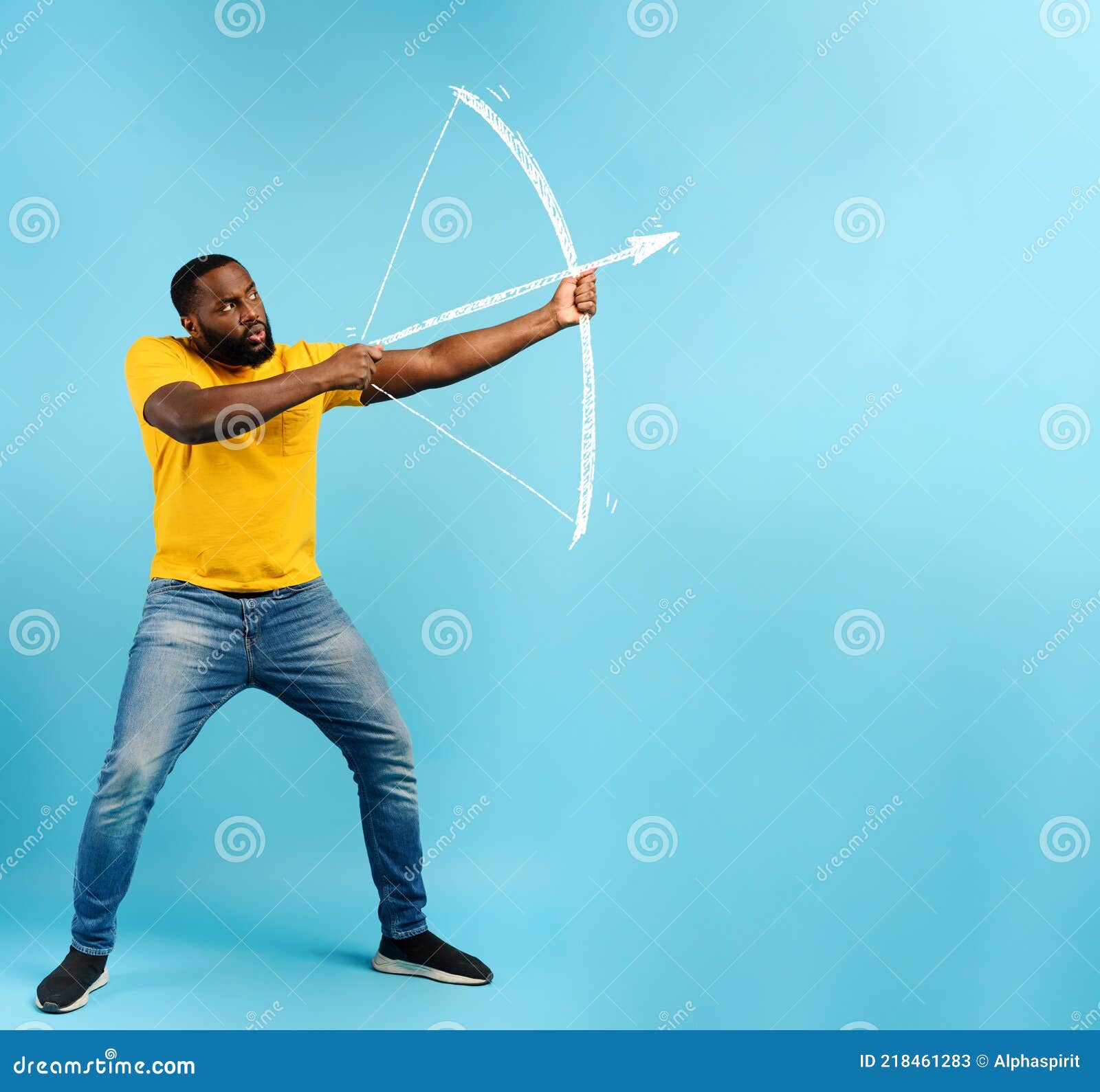 Black Man Ready To Shoot the Arrow from the Bow. Cyan Background Stock ...