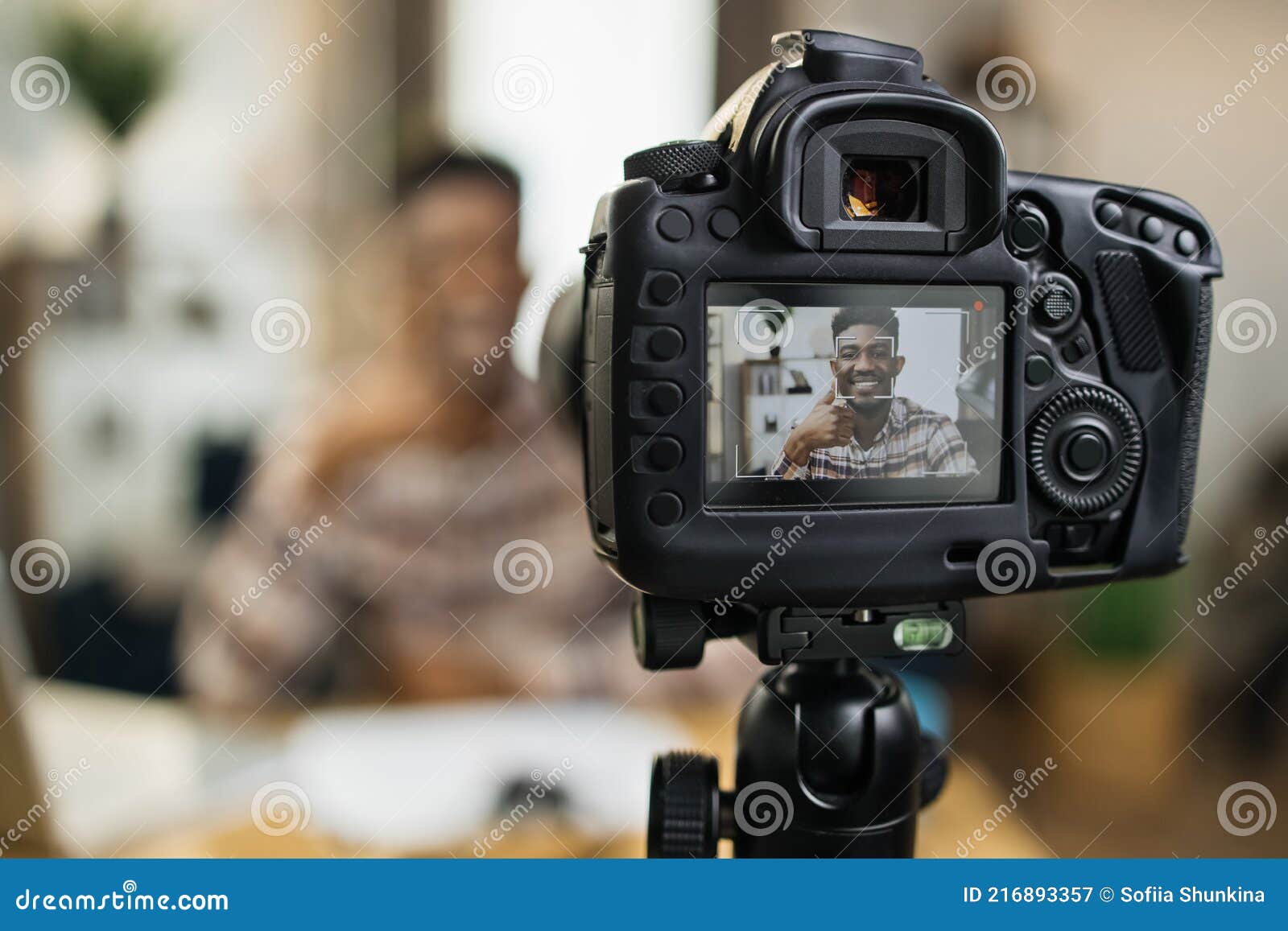 Black Man Recording Video Tutorial on Camera at Home Stock Image ...