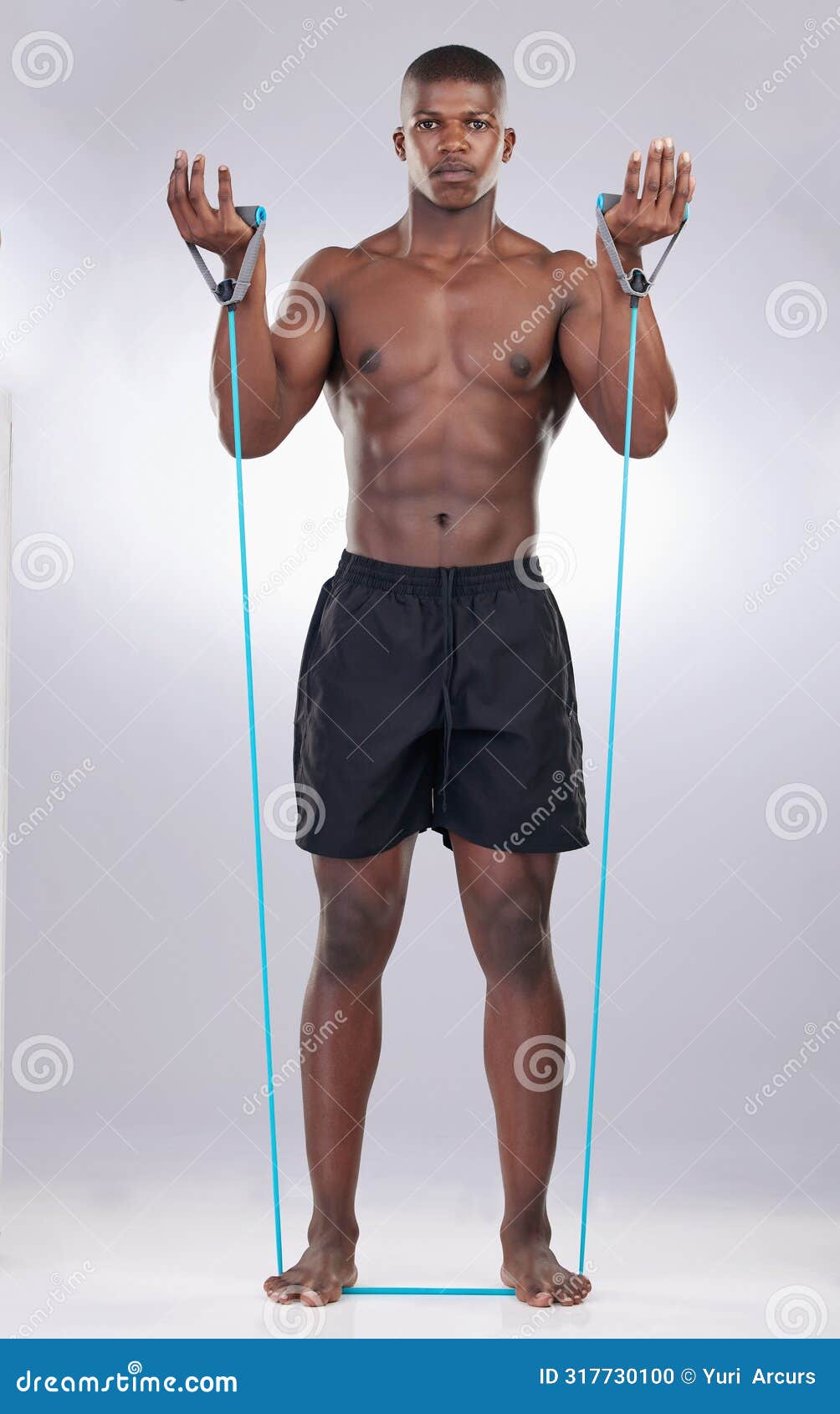 Black Man, Resistance Band and Exercise in Studio Portrait for Wellness ...