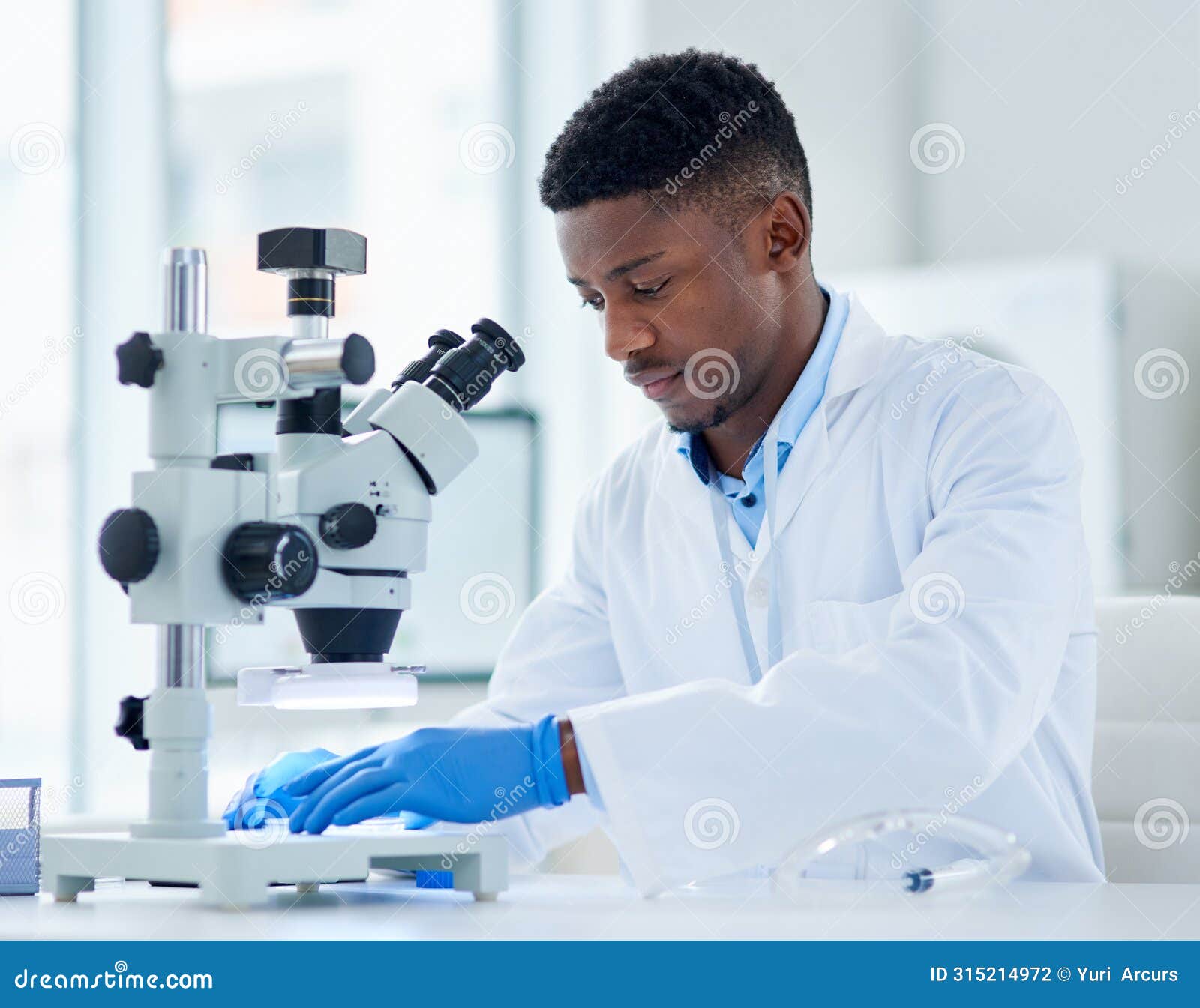 Black Man, Scientist and Microscope for Analysis, Testing and Study ...