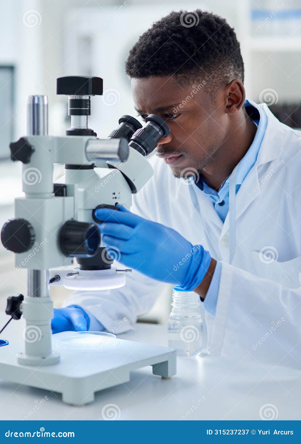Black Man, Scientist and Microscope in Lab with Analysis for Test ...