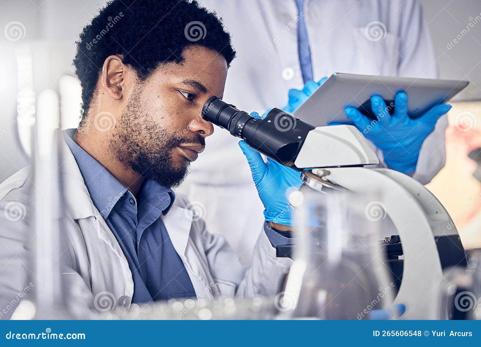 Black Man, Scientist and Microscope with Science Research in Laboratory ...