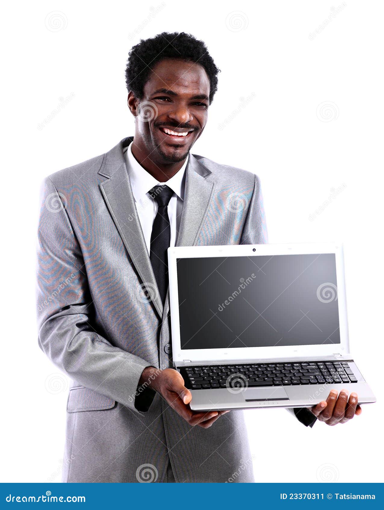 Black Man Showing Laptop Isolated on White Stock Image - Image of ...