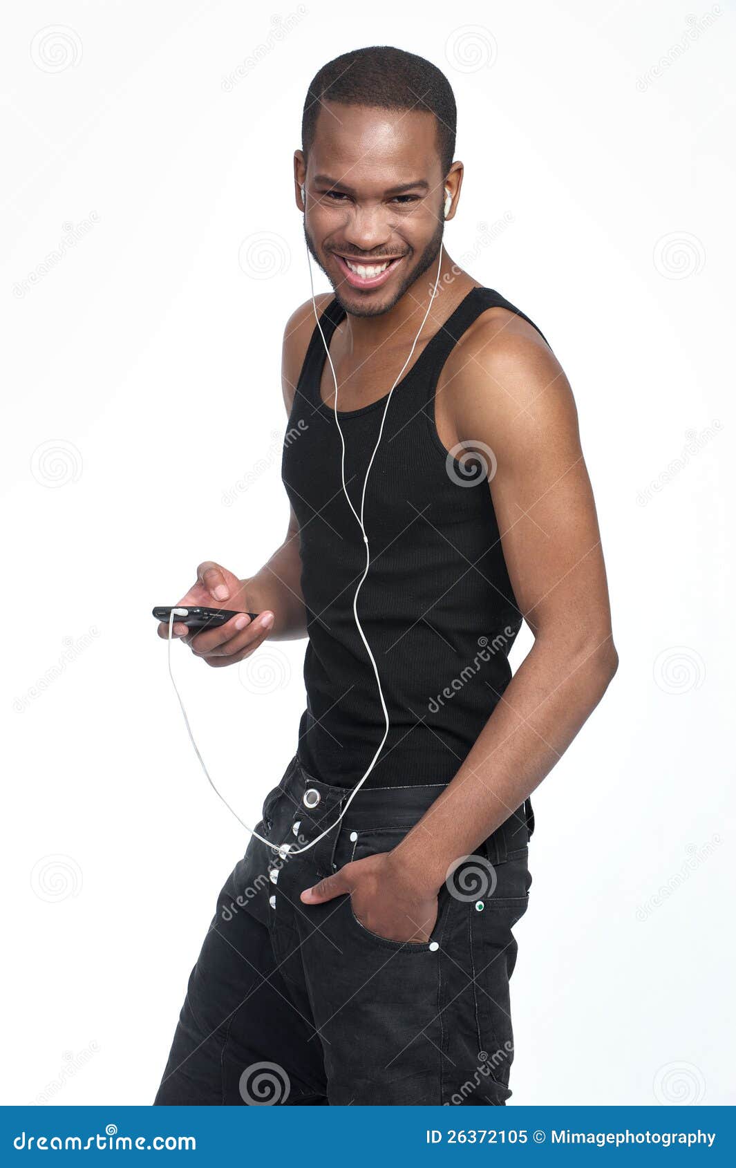Black Man Smiling with Headphones Stock Image - Image of listening ...