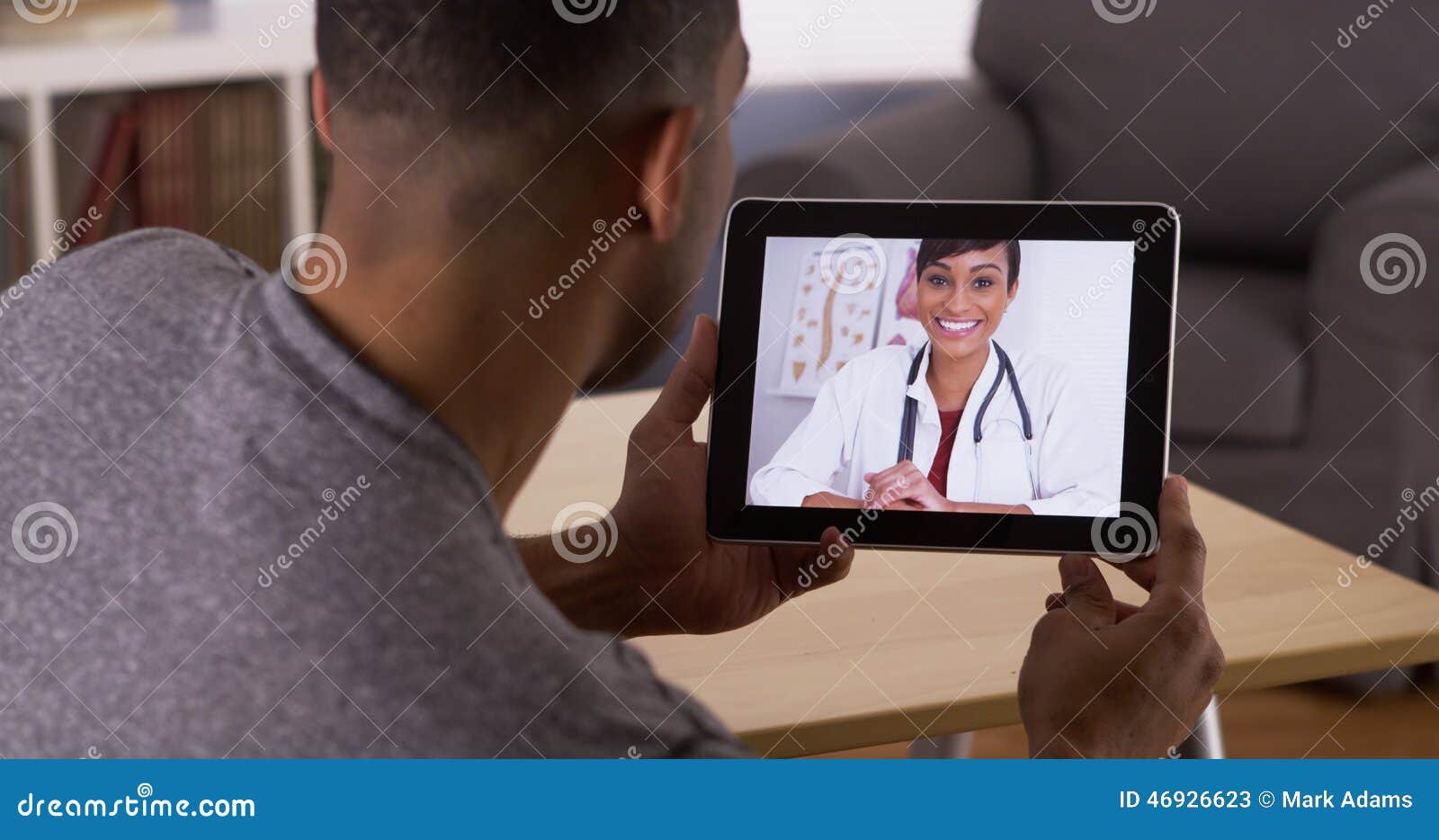 Black Man Talking To Doctor on Tablet Stock Image - Image of chat ...