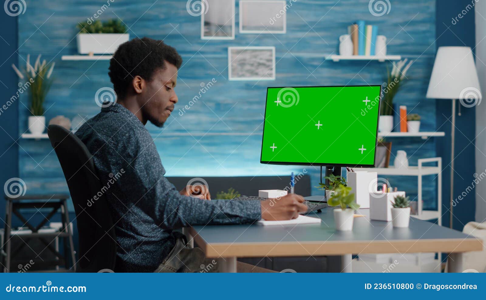 Black Man Typing and Using Personal Computer with Mock Up Chroma Key ...