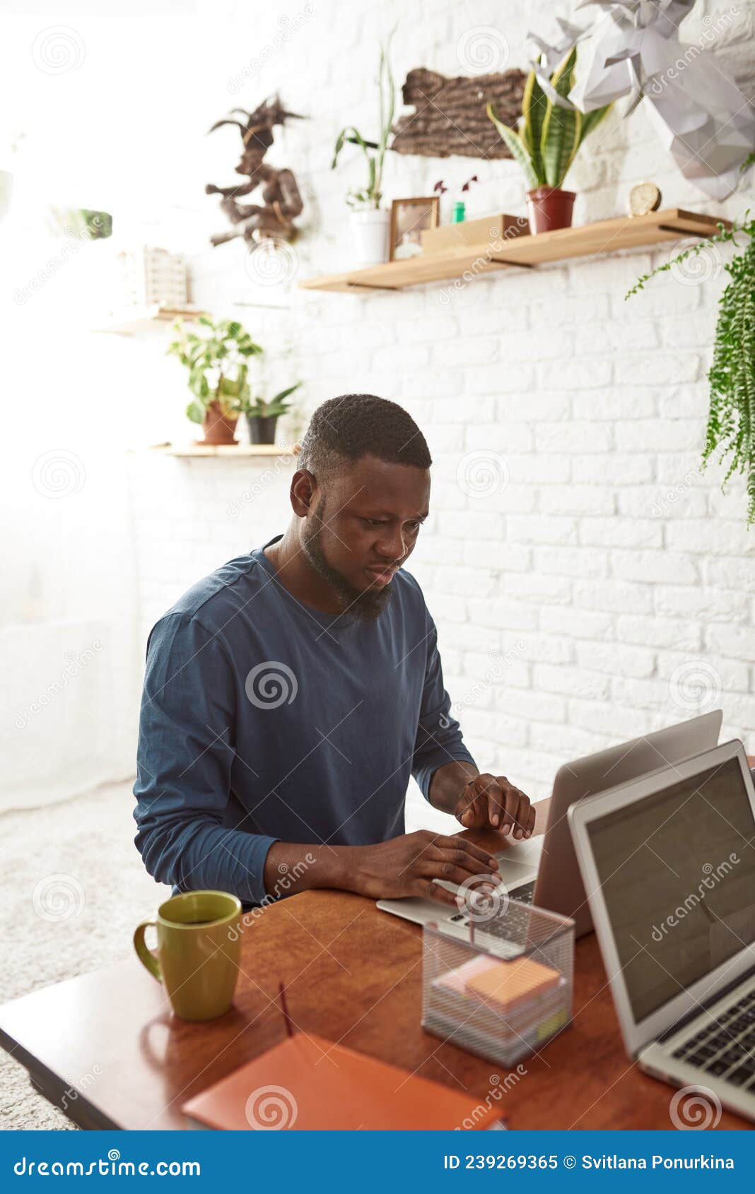 Black Man Typing and Watching on Laptop at Work Stock Image - Image of ...