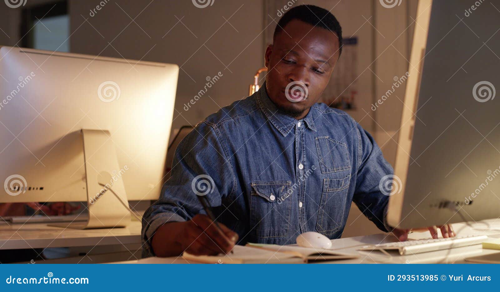 Black Man, Writing Notes and Creative at Computer, Night at Digital ...