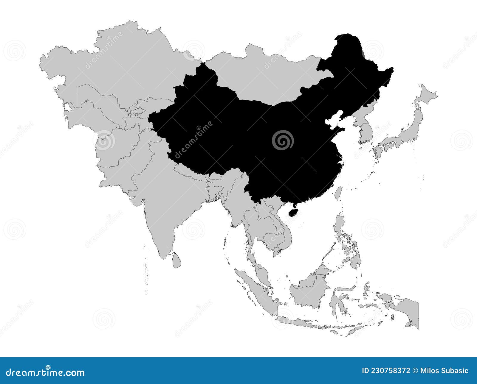 Black Map of China on Gray Map of Asia Stock Vector - Illustration of ...