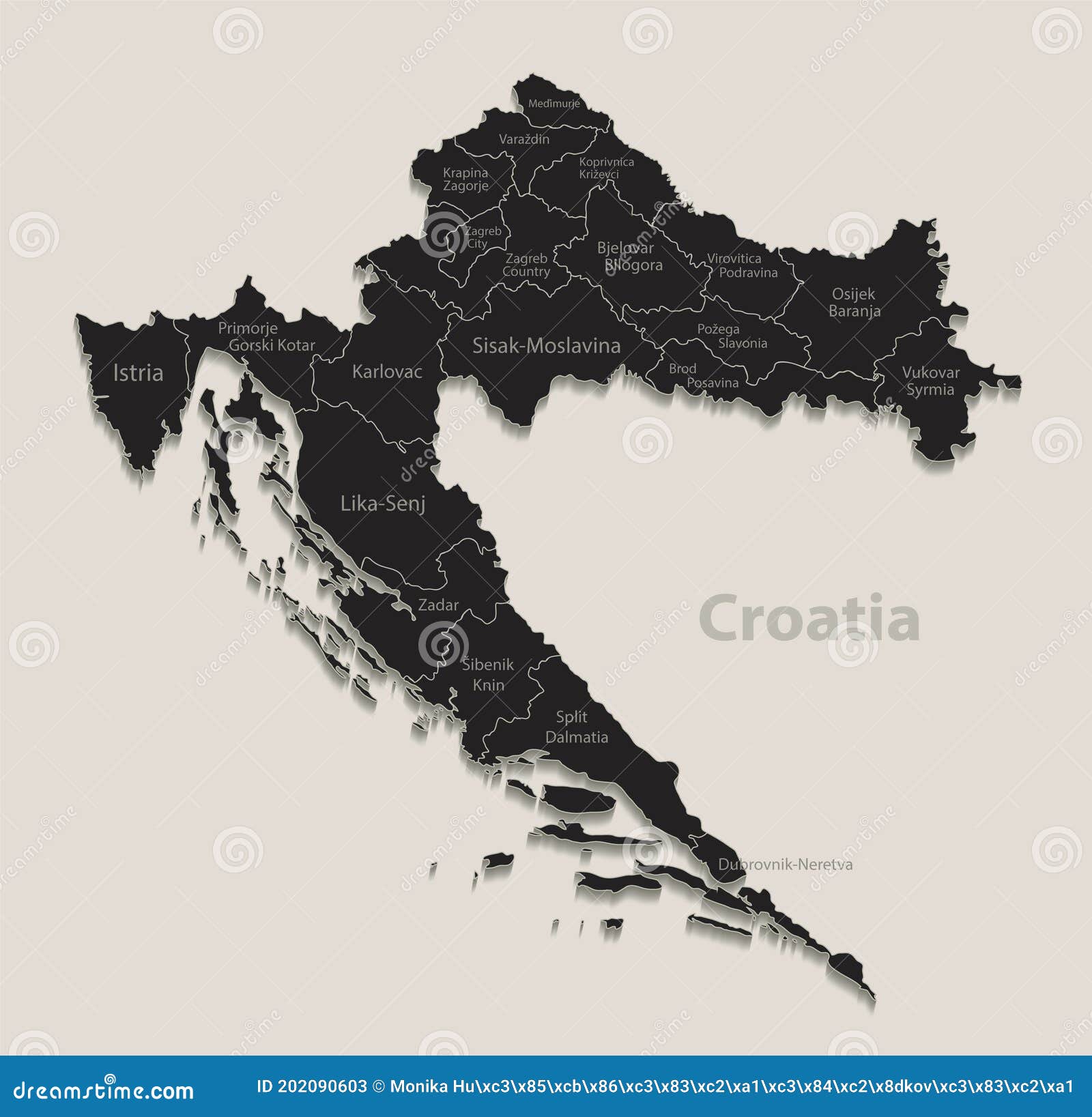 Black Map of Croatia with Names of Regions, Design Blackboard Stock ...
