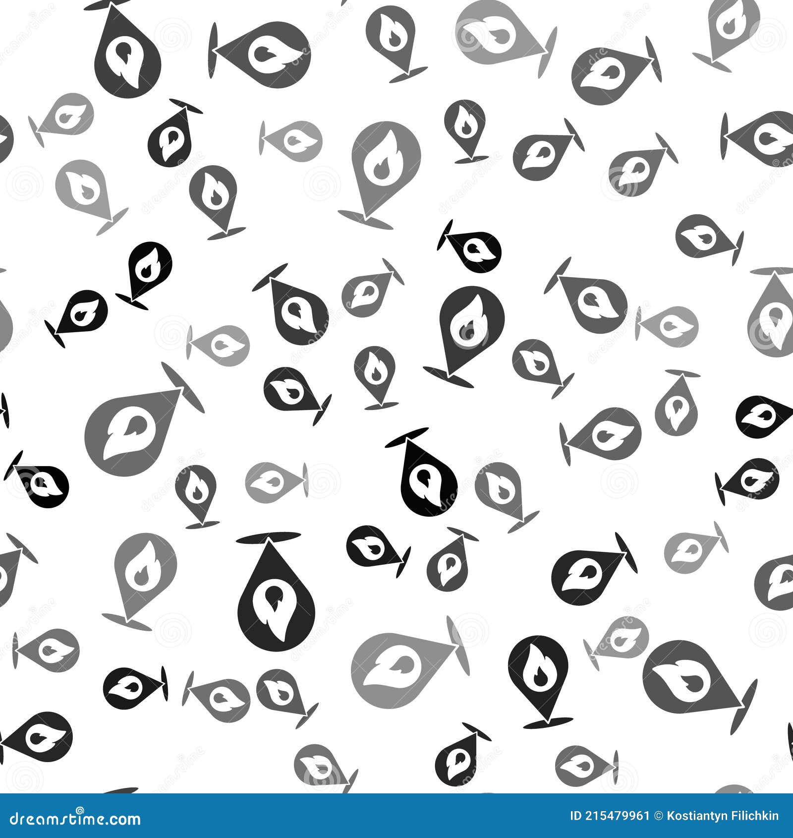 Black Map Pointer with Fire Flame Icon Isolated Seamless Pattern on White Background. Fire ...