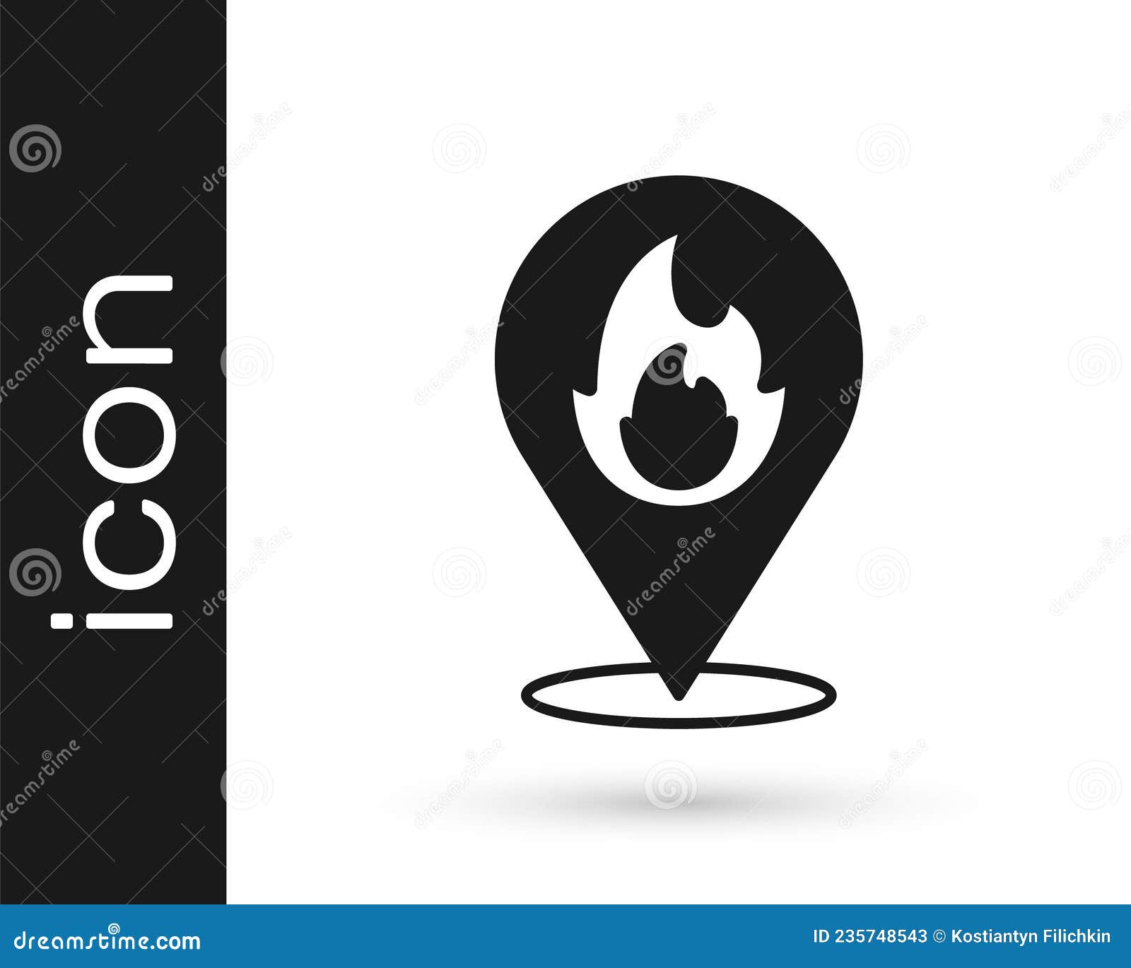 Black Map Pointer with Fire Flame Icon Isolated on White Background ...