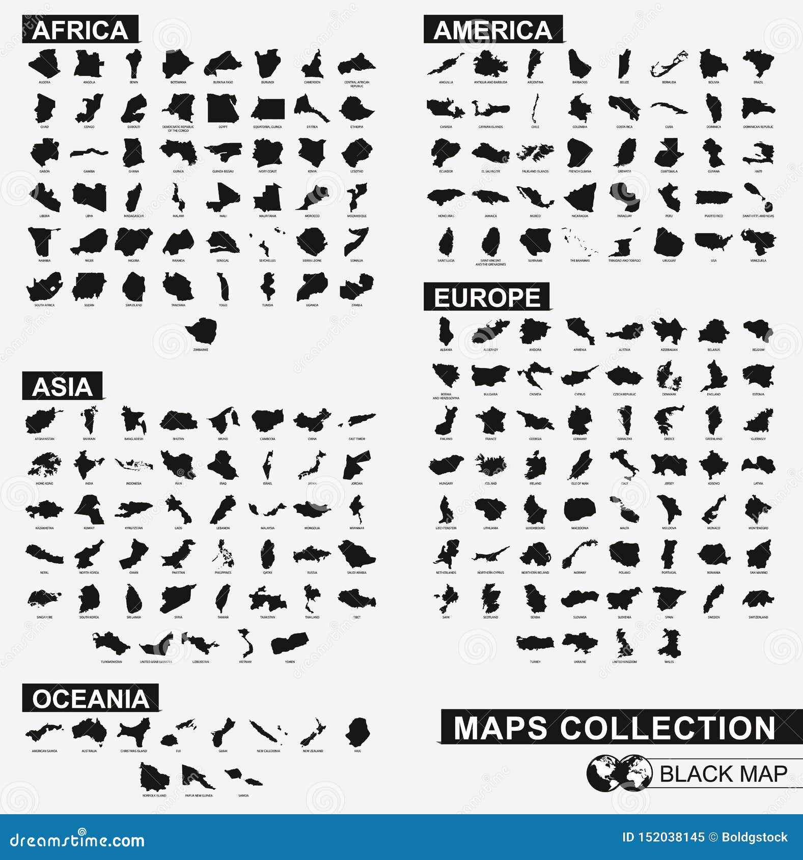 Black Map of the World, Big Collection Stock Vector - Illustration of ...