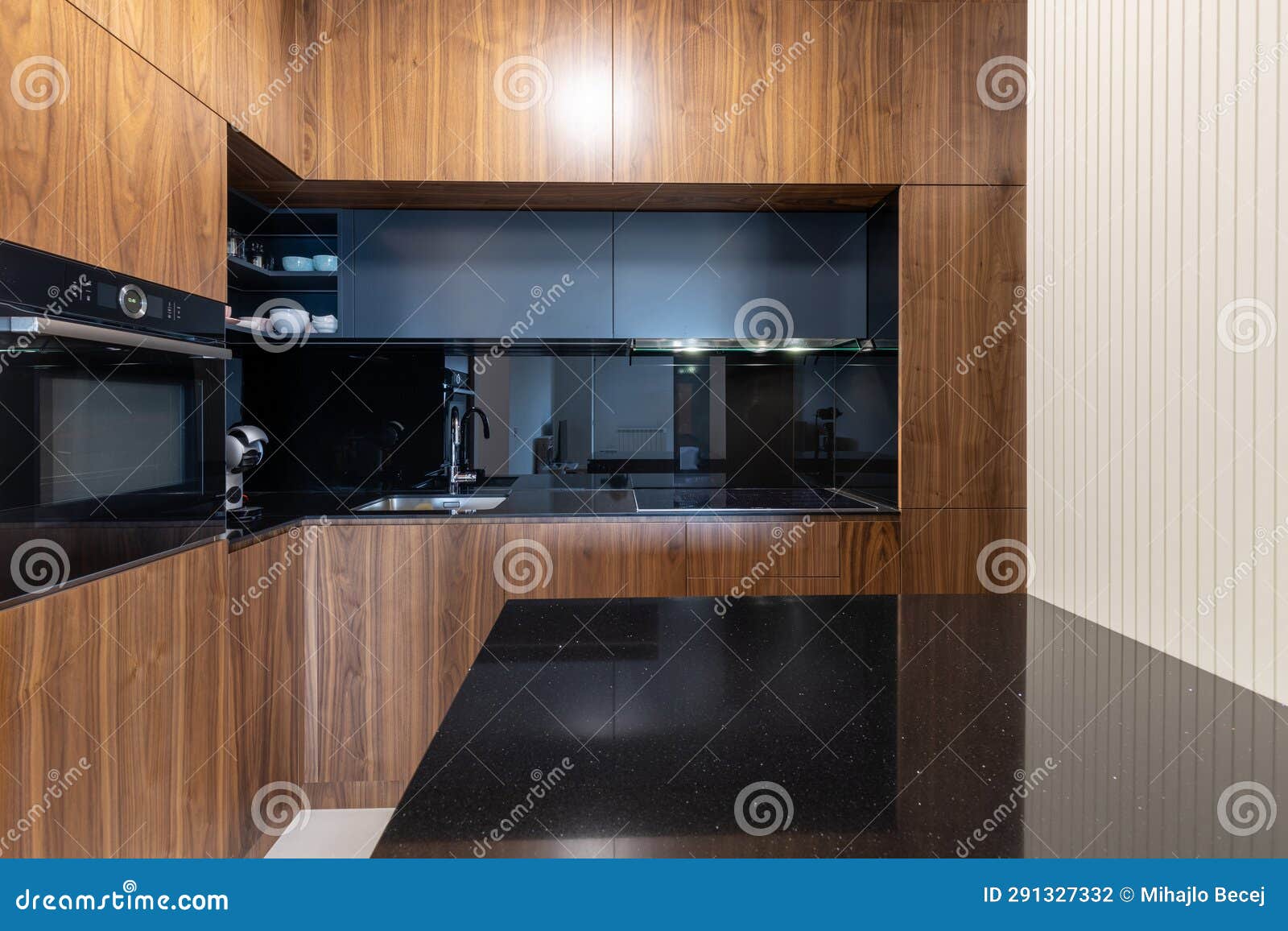 Black Marble Counter in Modern Kitchen Interior Stock Photo - Image of ...