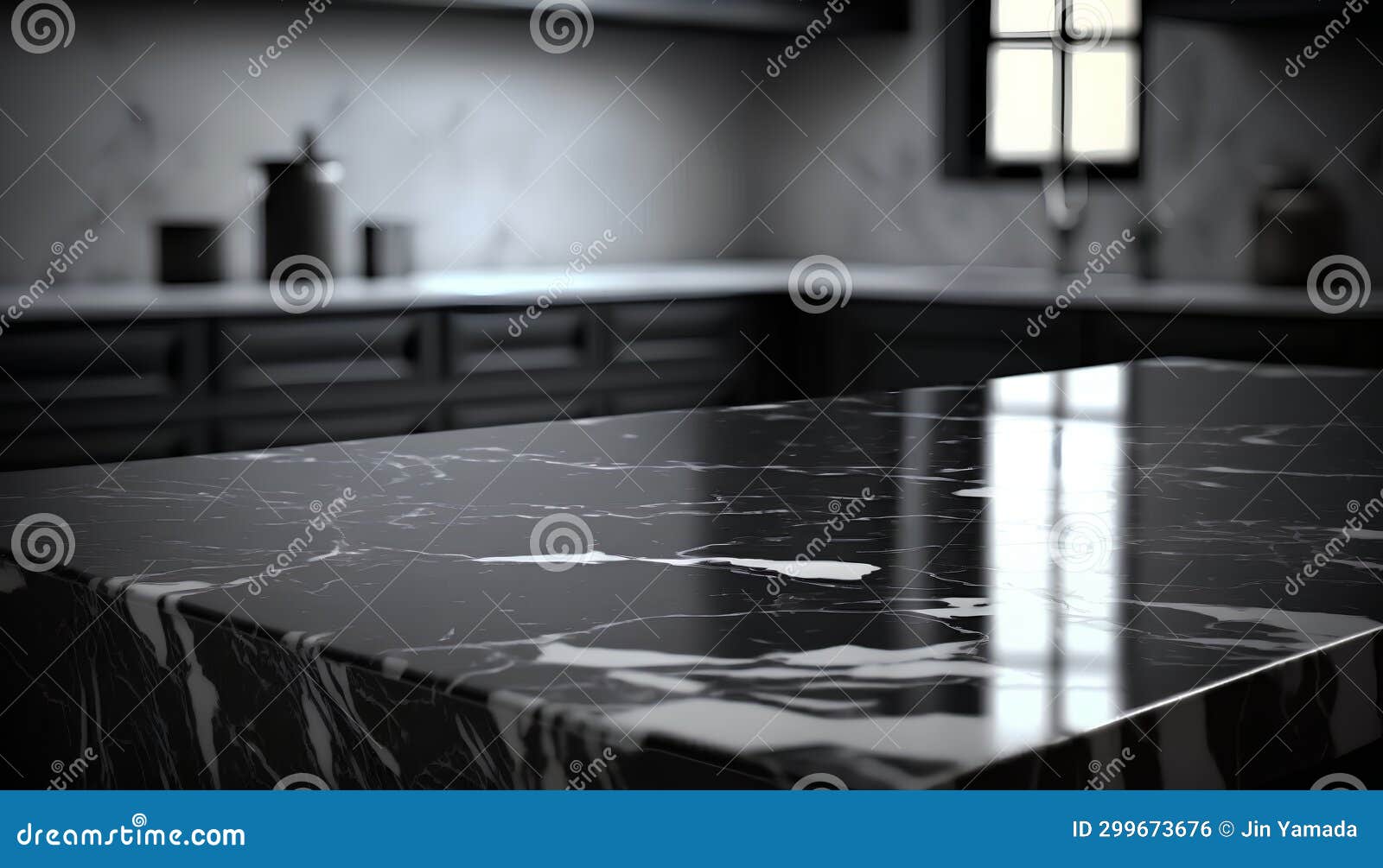 Black Marble Countertop in Modern Kitchen Interior. 3d Render Stock ...