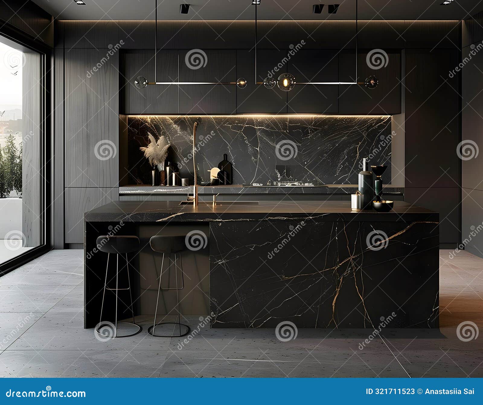Black Marble, Modern Kitchen Design Stock Image - Image of interior ...