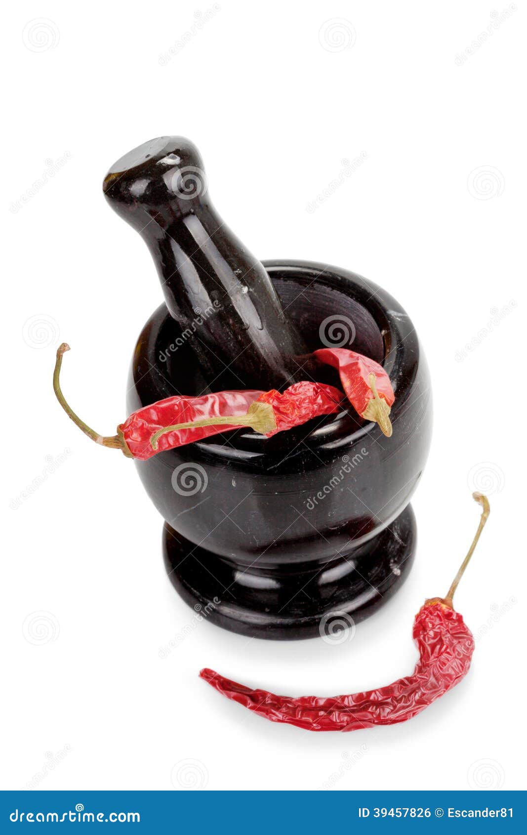 Black Marble Mortar And Pestle With Red Chilli Pepper Isolated On White ...