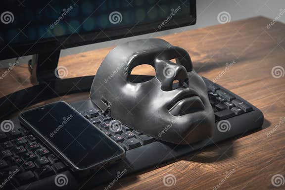 Black Mask and Computer on the Table Stock Illustration - Illustration ...