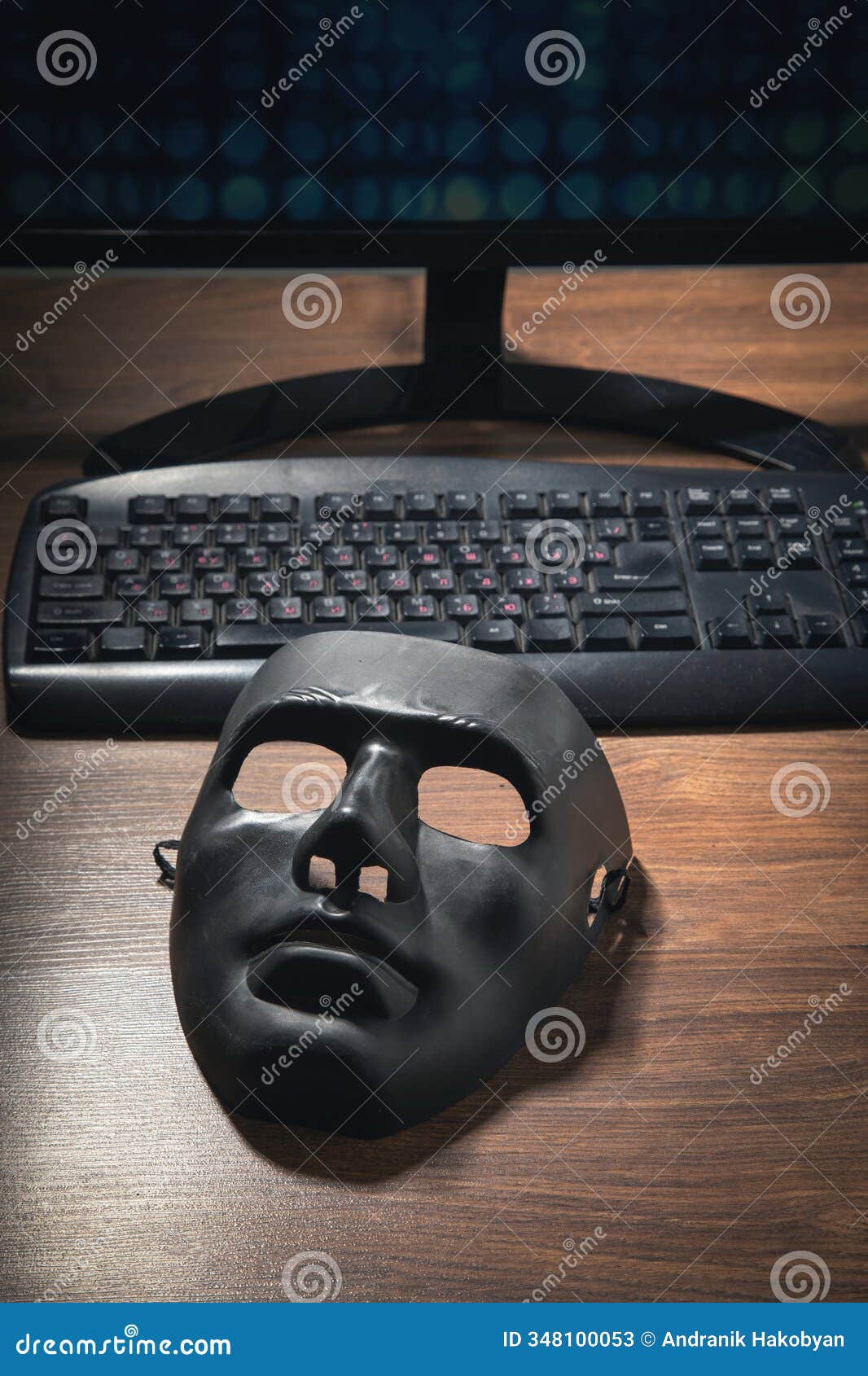 Black Mask and Computer on the Table Stock Illustration - Illustration ...