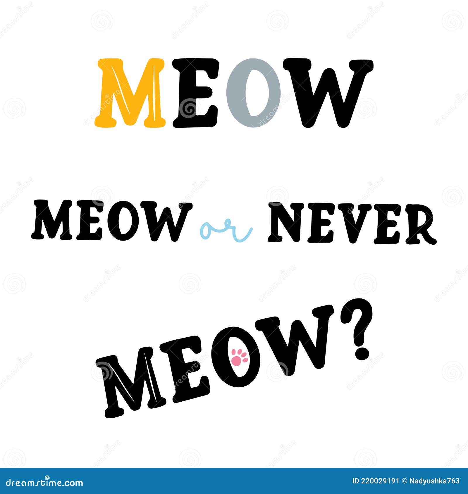 Meow Text With Cute Cat, On Butterflies Background. Cartoon Vector ...