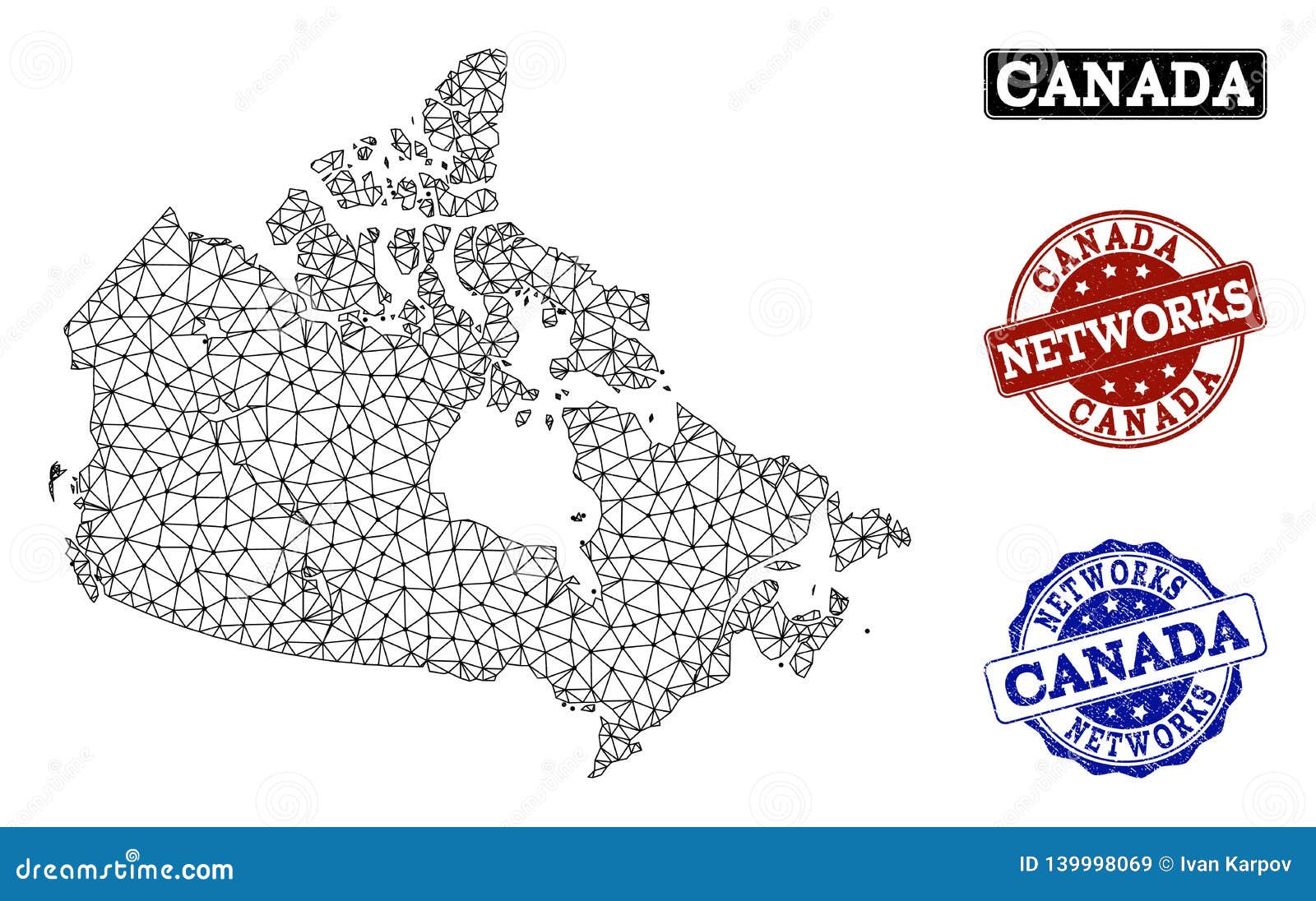 Polygonal Network Mesh Vector Map of Canada and Network Grunge Stamps ...