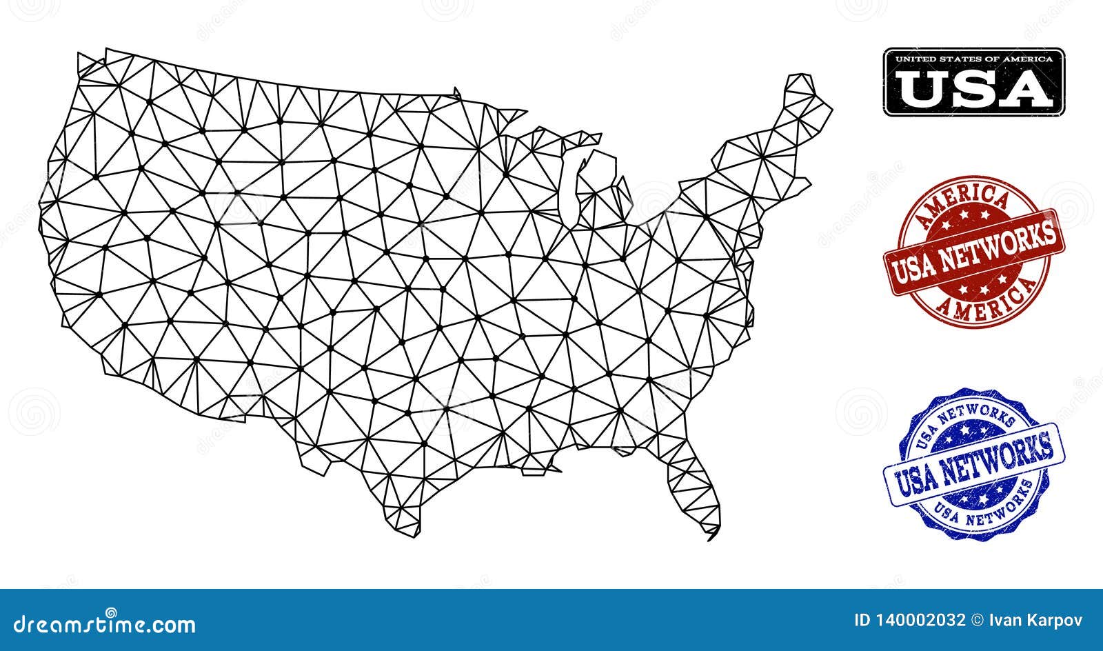 Polygonal Network Mesh Vector Map of USA and Network Grunge Stamps ...