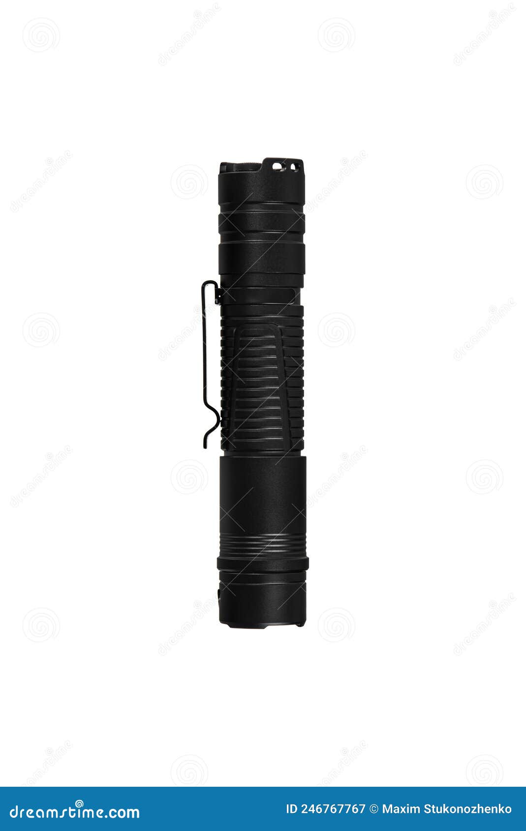 Black Metal LED Flashlight Isolate on a White Back. Pocket Lamp for ...