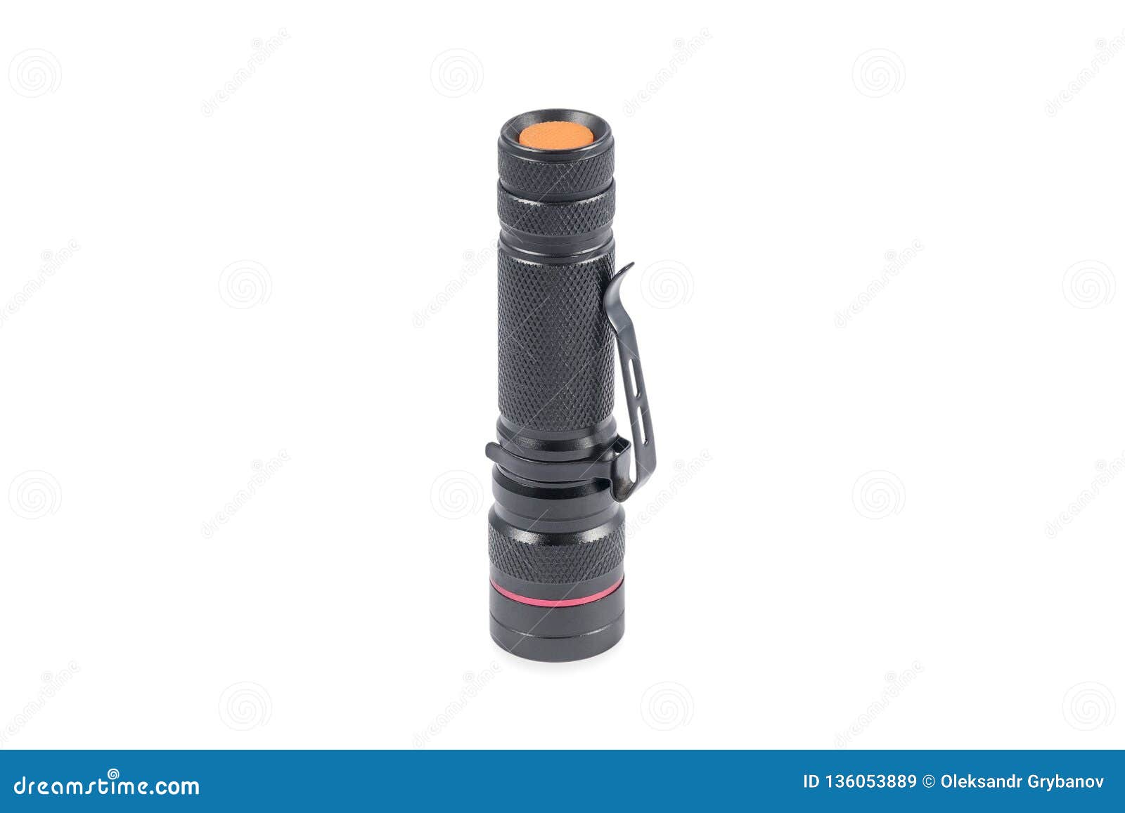 Metal Pocket Flashlight In A Man`s Hand On A Black Background, A Beam ...