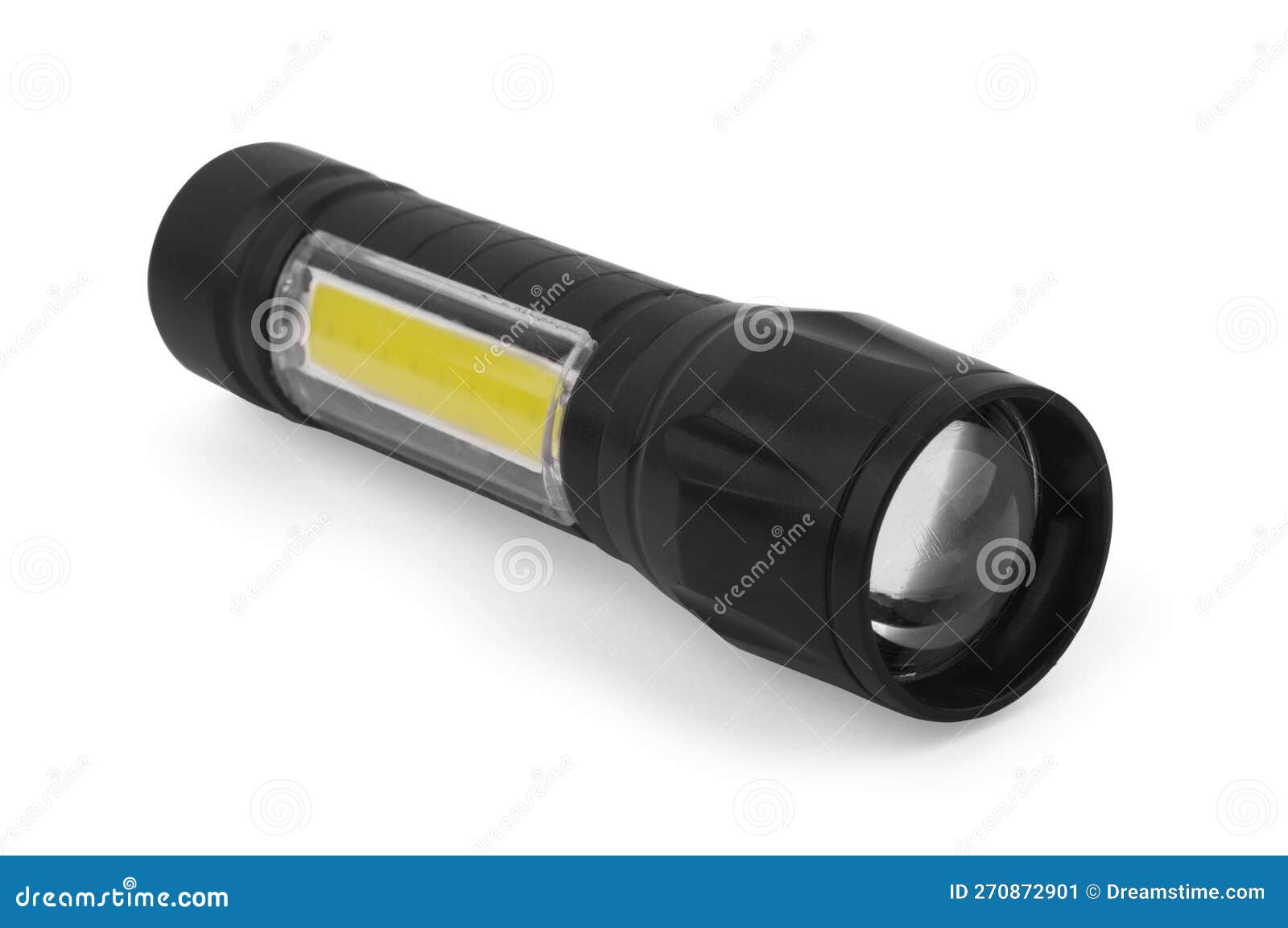 Black Metallic Flashlight Close-up Isolated on a White Background Stock ...
