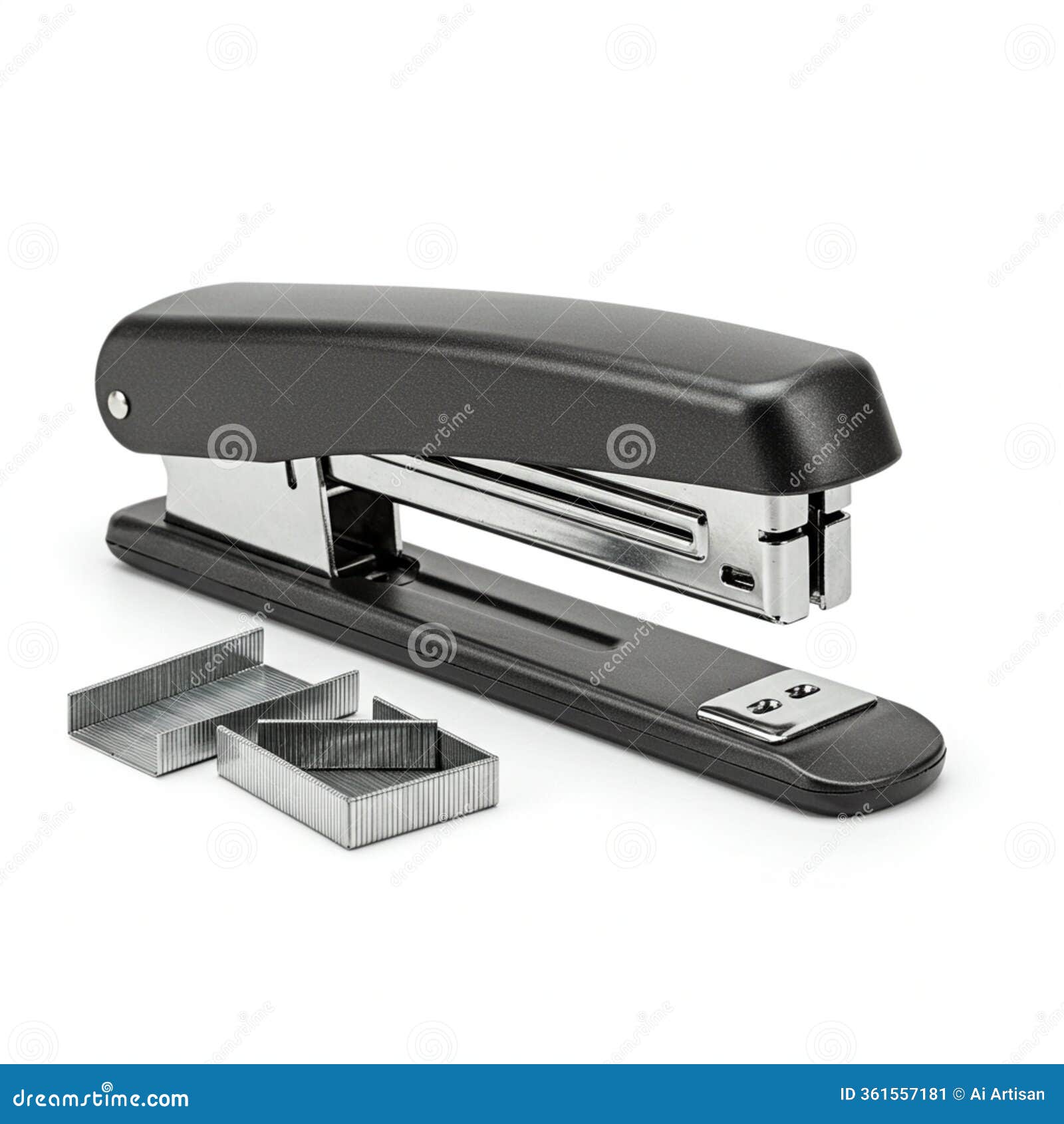 A Black Metallic Stapler with a Sleek Design Rests on a White Surface ...