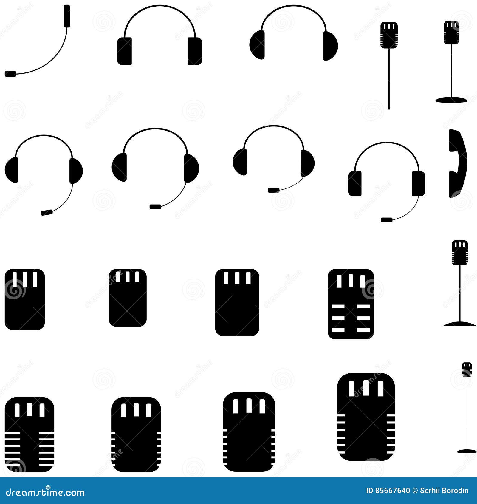 Black Microphone, Headphone, Handset - Set Icons. Stock Vector ...