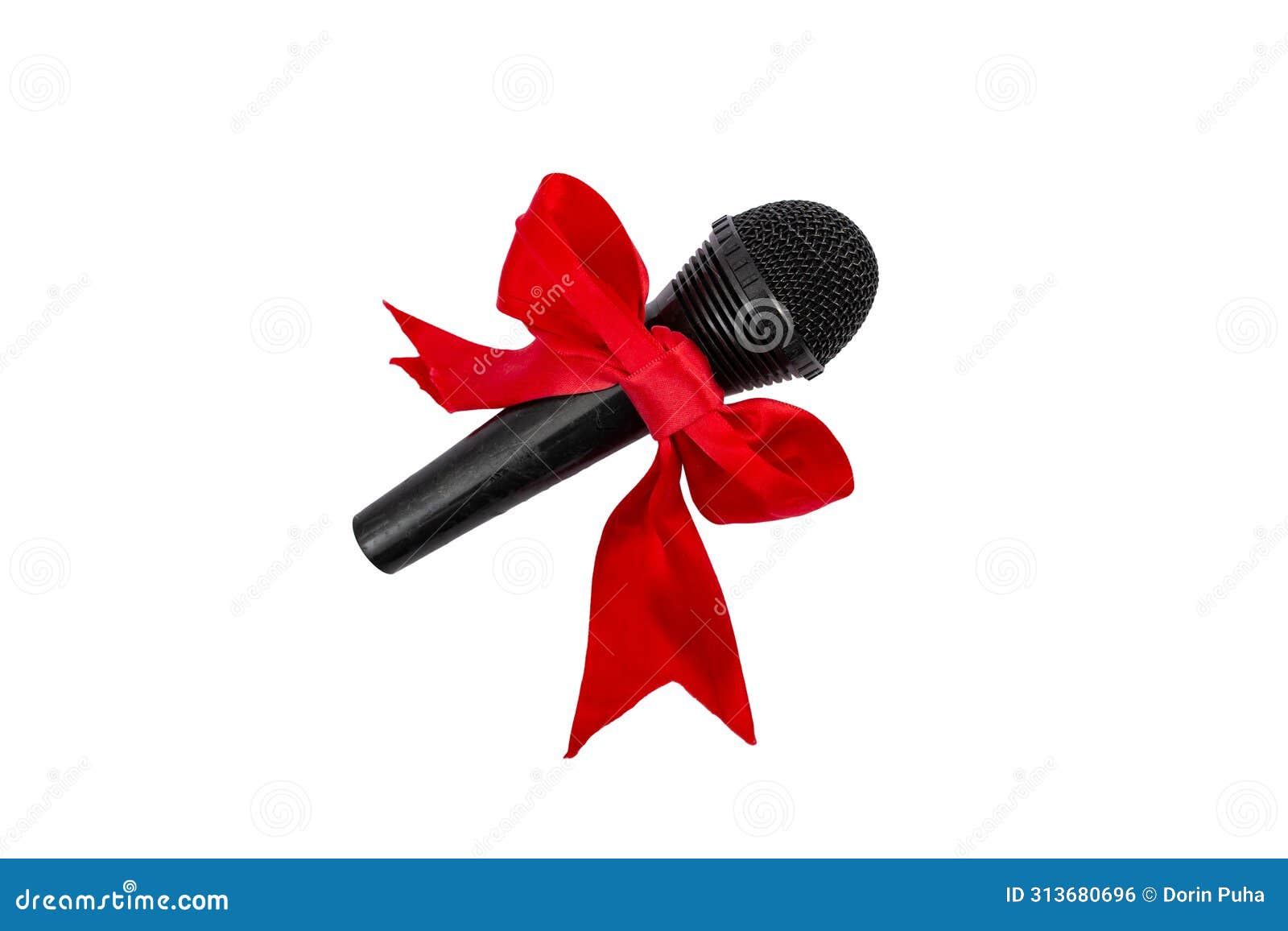 Black Microphone with Red Satin Ribbon Bow on White Background, Festive ...