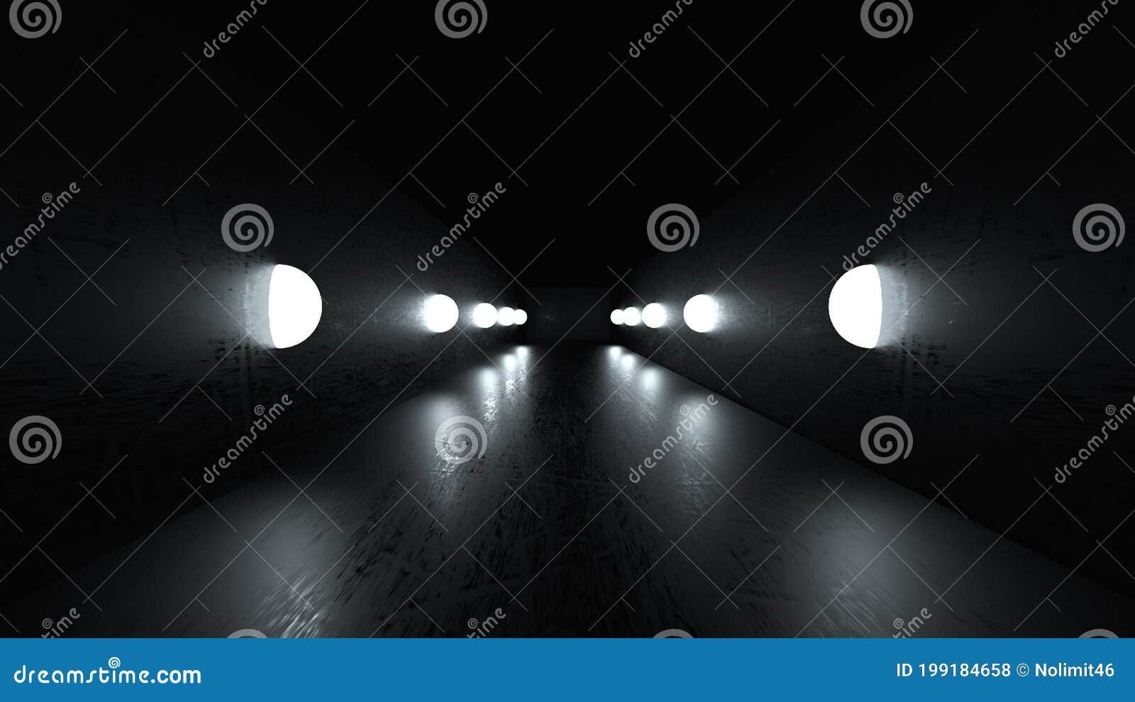 Black Mirror Space with Slippery Floor and a Row of Lights, Computer ...