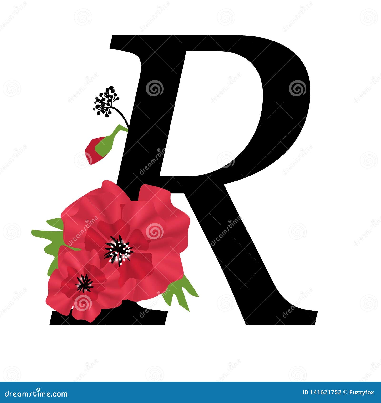 Black Monogram Letter R with Red Flowers Stock Illustration ...