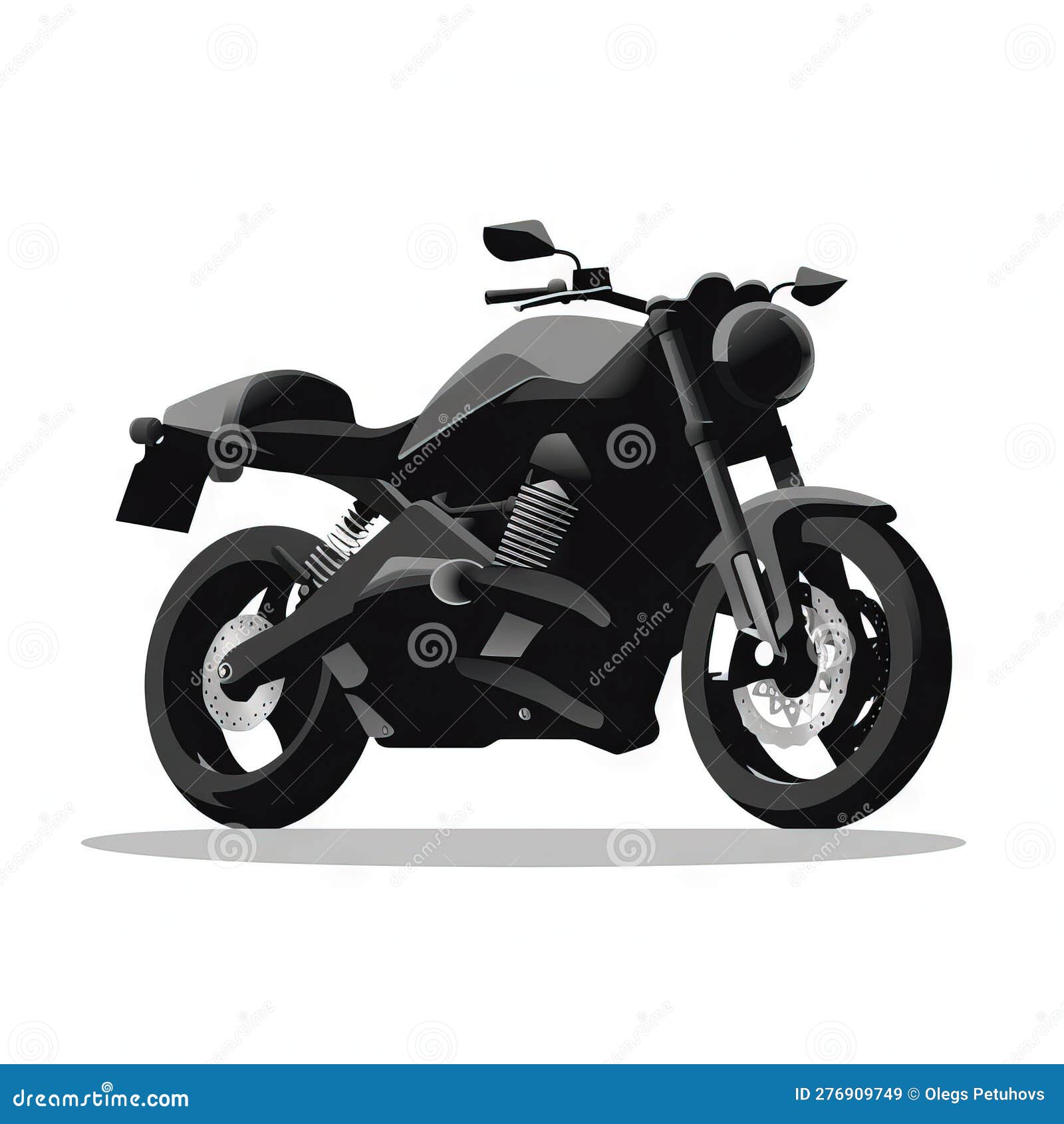 A Black Motorcycle is Shown on a White Background with a Shadow of the ...