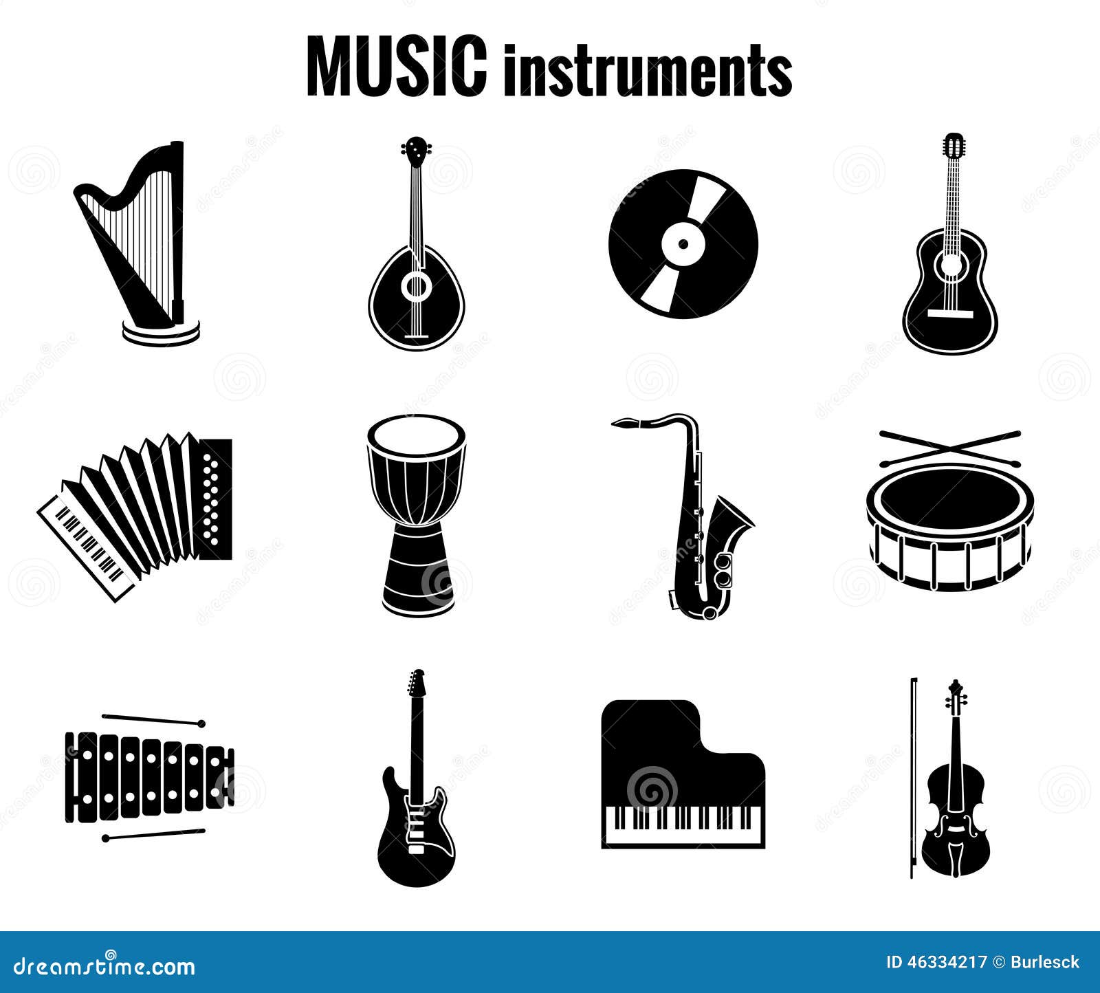 Black Music Instrument Icons on White Background Stock Vector ...