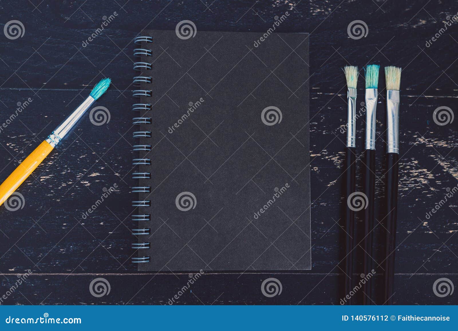 Black Notepad on Dark Desk with Brushes Stock Photo - Image of page ...