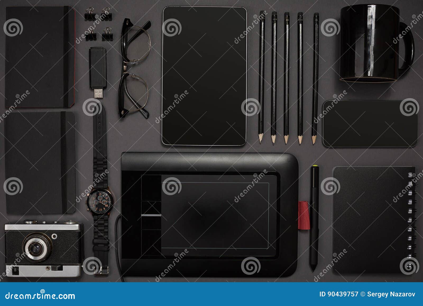 Black Objects From The Office On A Yellow Background. Work And ...