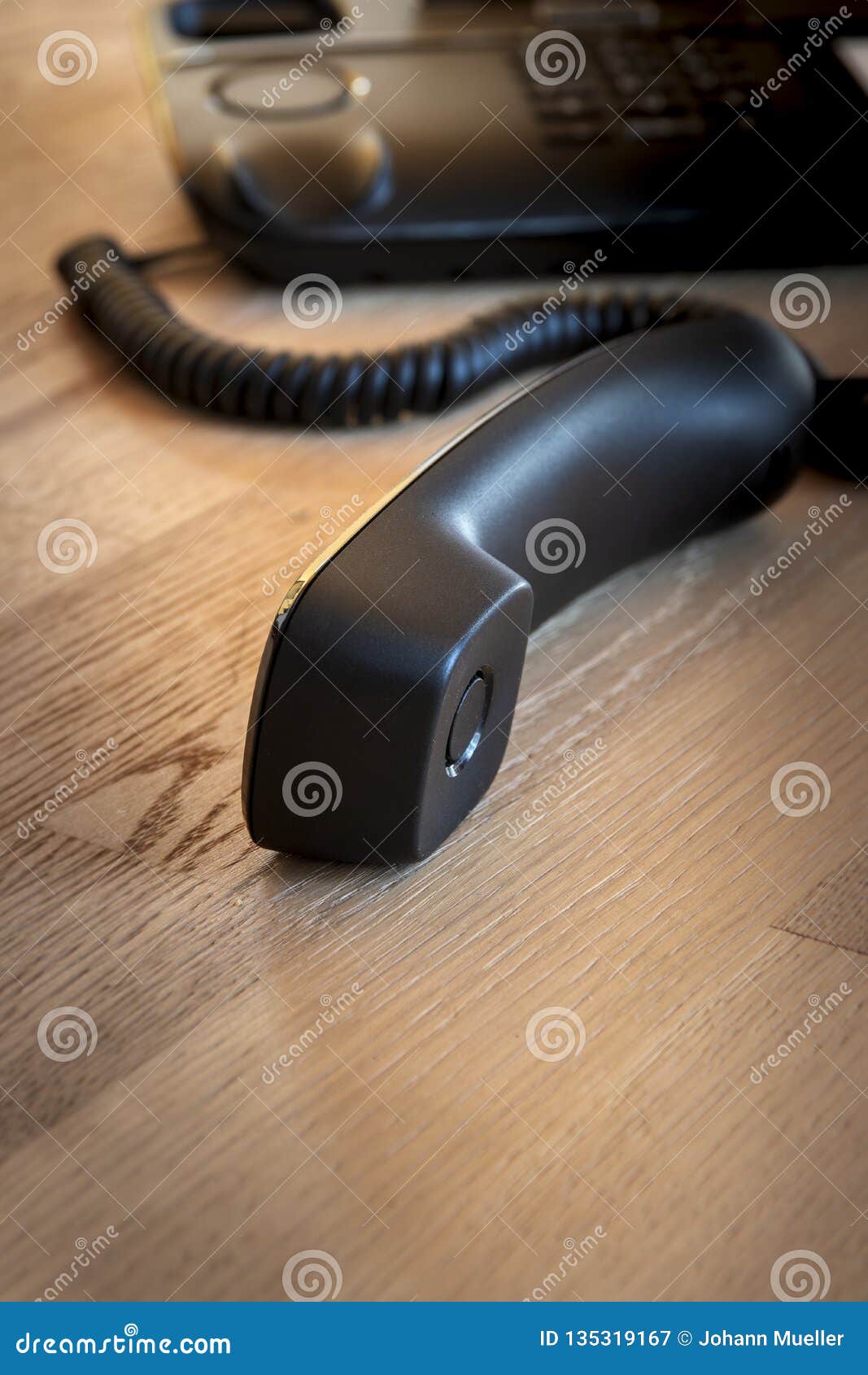 Black Office Phone and Handset on Wooden Table Stock Image - Image of ...