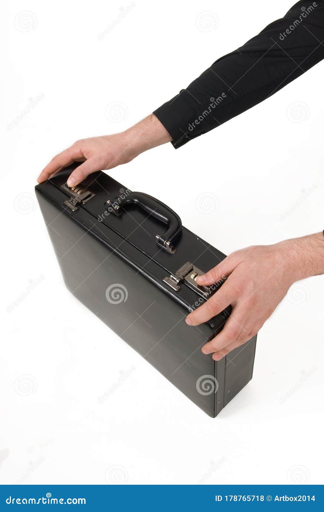 Hands Open Black Office Suitcase for Papers in the Hand on a White ...