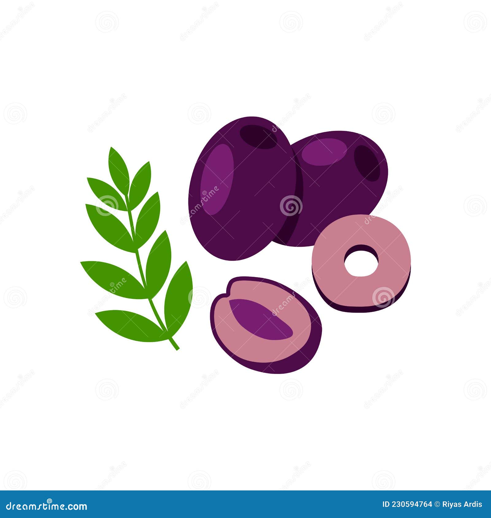 Black Olive Whole and Cut Pieces Vector Illustration Isolated on White ...