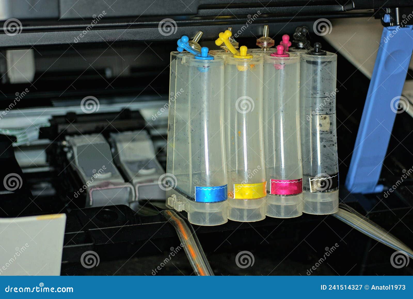 Printer with Cartridges and a Row of Empty Plastic Bottles Stock Image ...