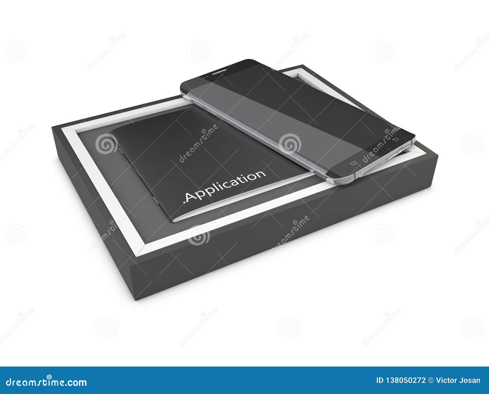 Black Opened Rectangular Box with Black Mobile Phone on White ...