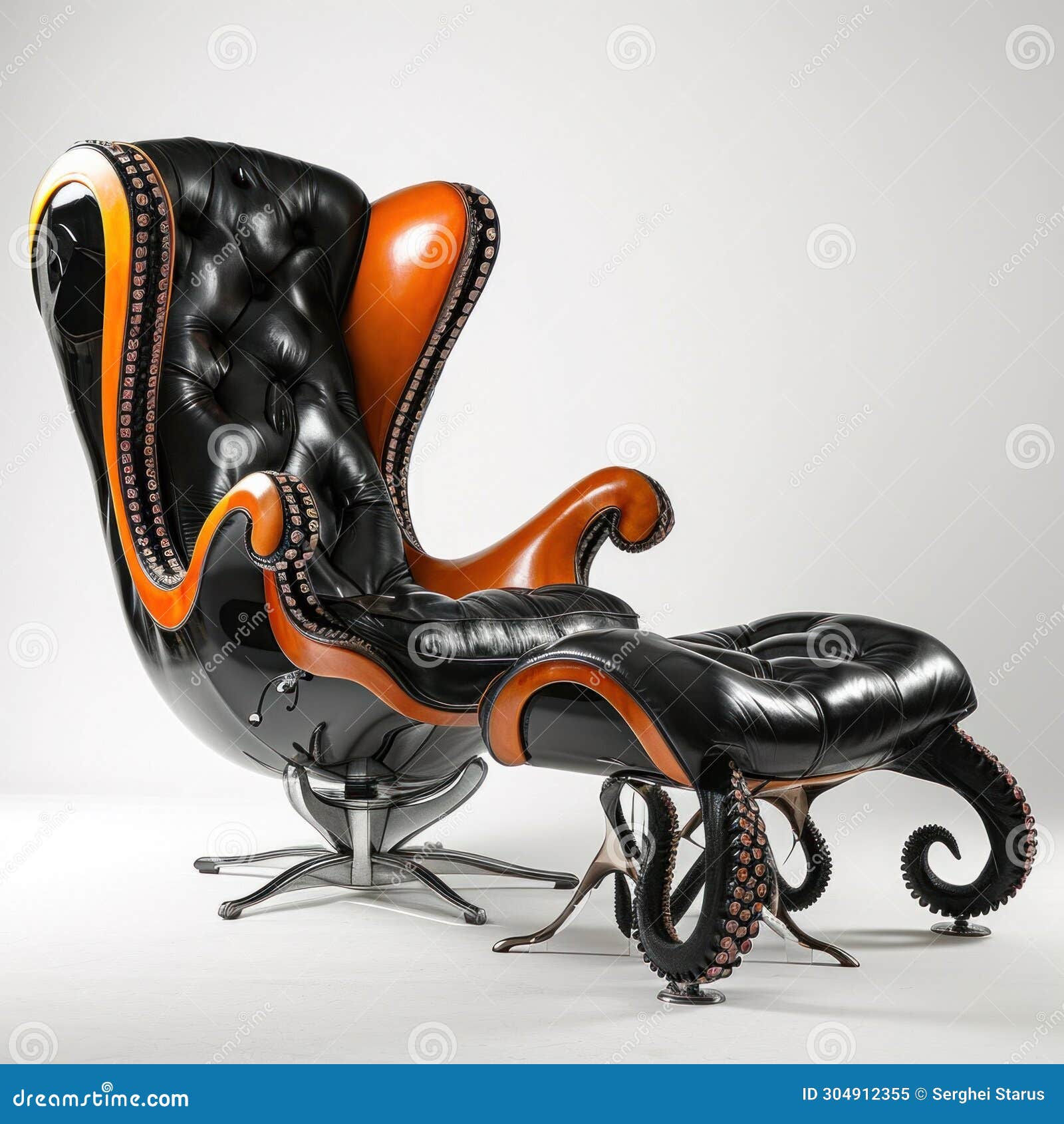 A Black and Orange Chair with an Octopus Foot Stool, AI Stock ...