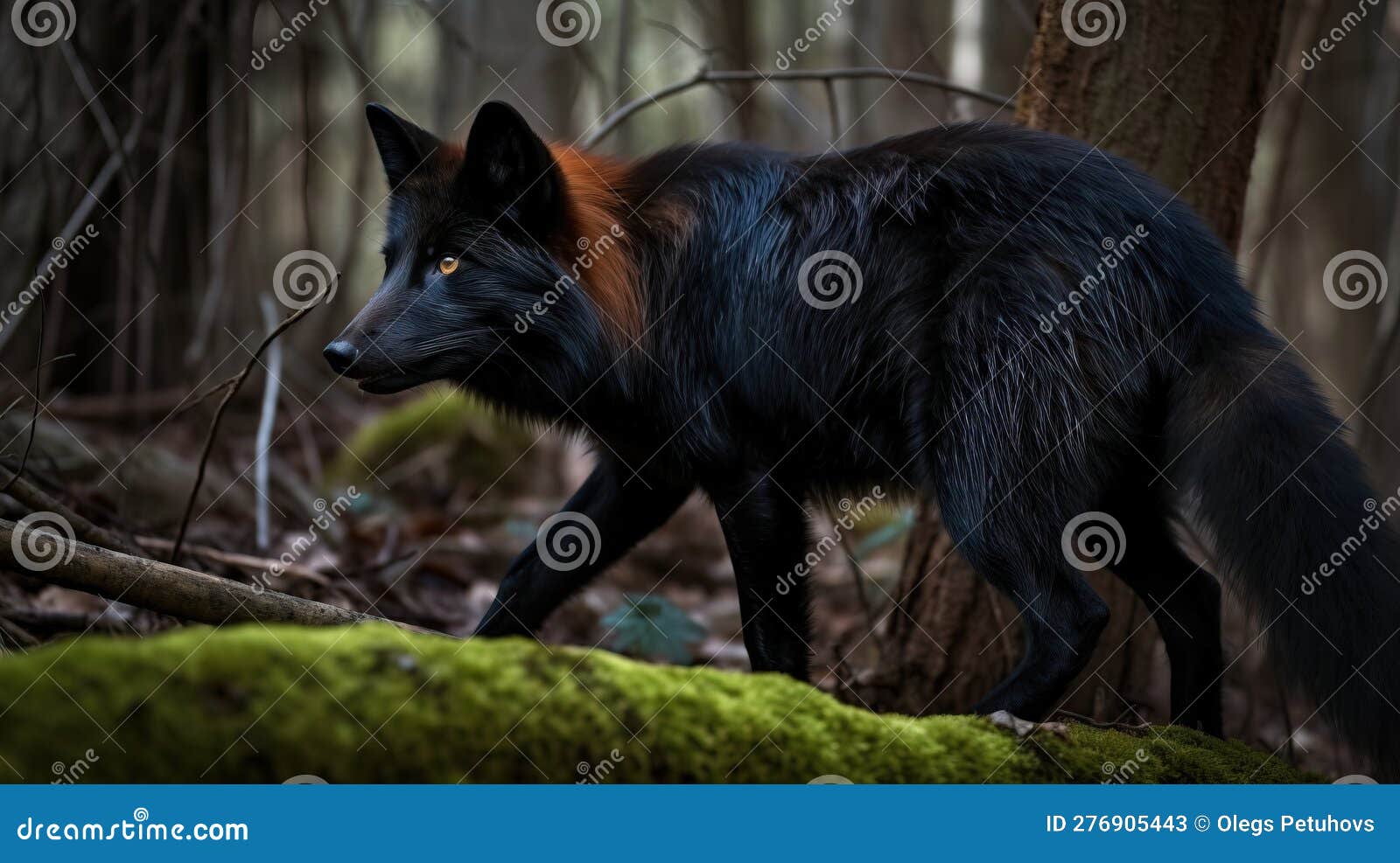 A Black and Orange Fox Walking through a Forest Filled with Trees Stock ...