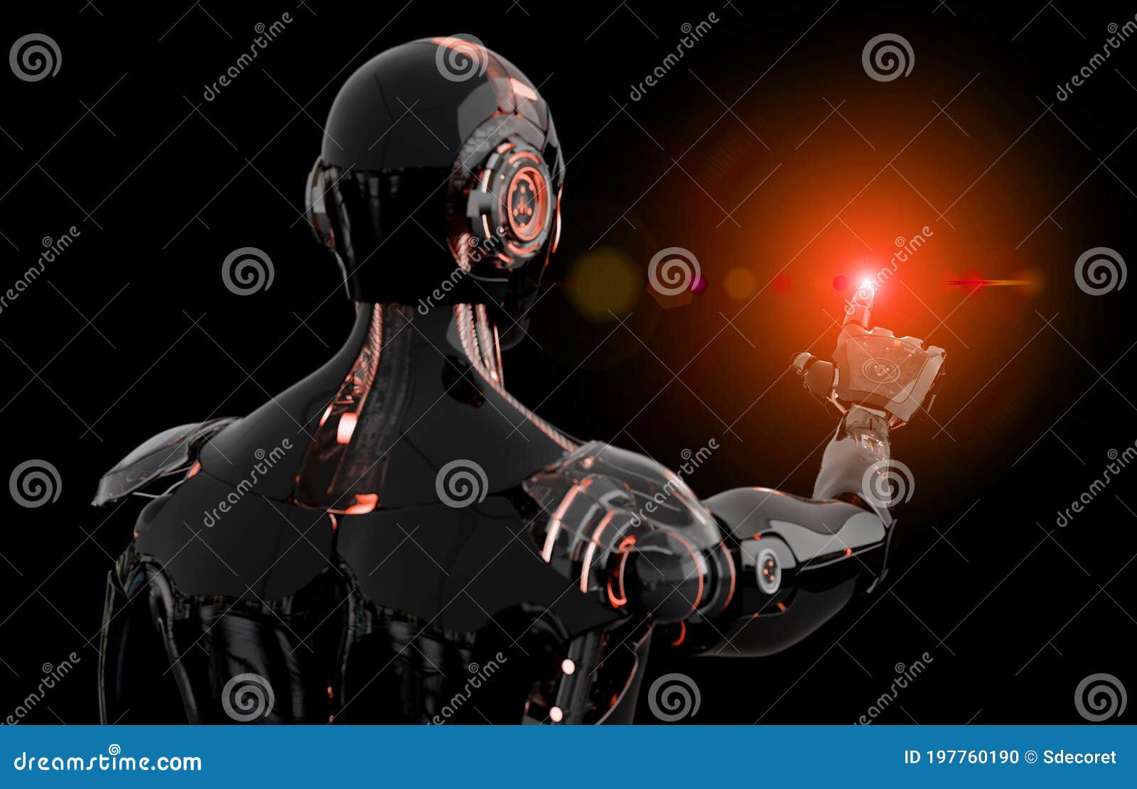 Black and Orange Intelligent Robot Cyborg Pointing Finger on Dark 3D ...