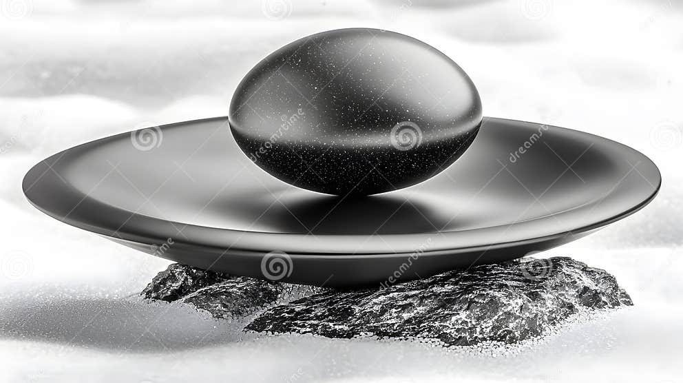 Black Orb Balancing on a Sleek Plate in White Setting Stock ...