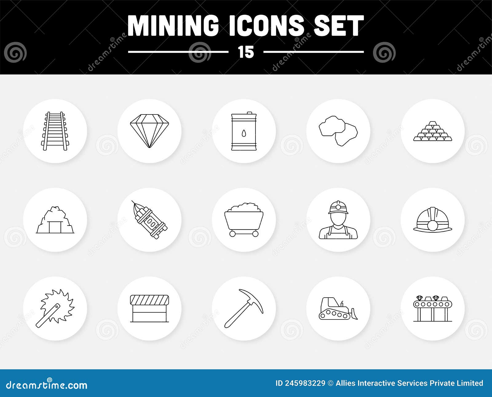 Black Outline 15 Mining Icon Set on White Circle Stock Illustration ...