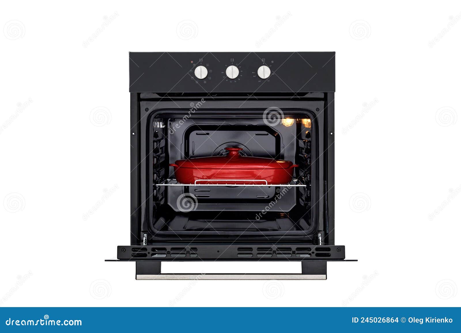 Black Oven with Open Door and Red Baking Dish Front View Isolated on ...