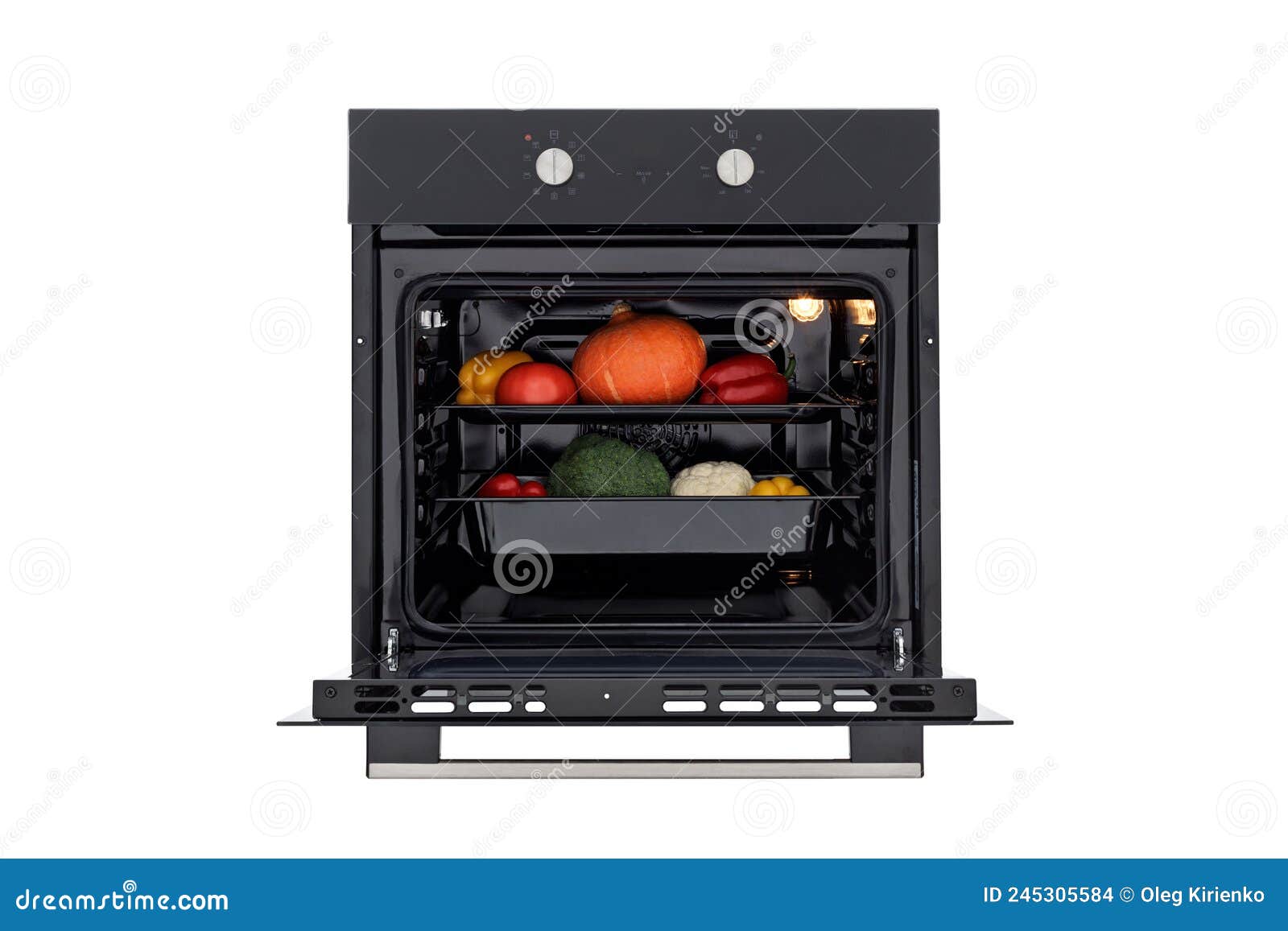 Black Oven with Open Door and Vegetables, Front View, Isolated on White ...